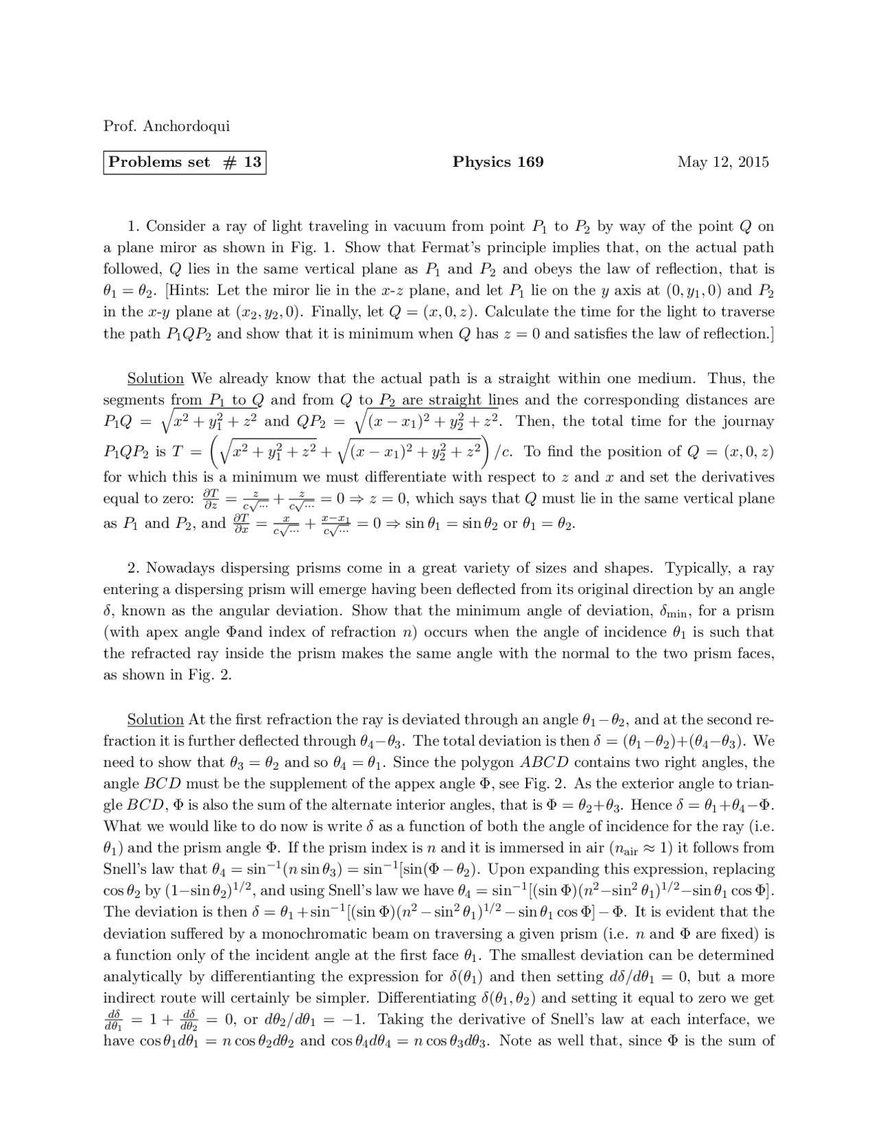Prof. Anchordoqui Problems set # 13 Physics 169 | Exams Physics | Docsity
