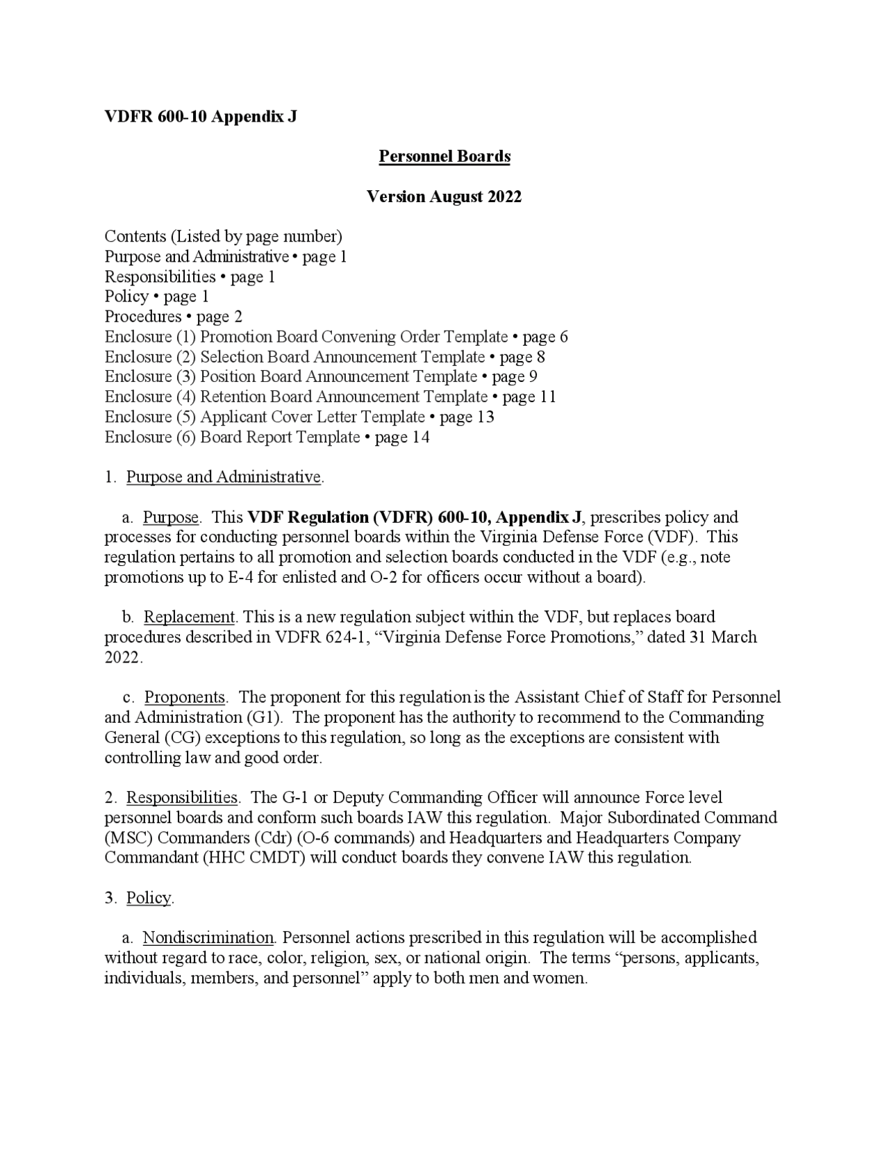 VDFR 600-10 Appendix J Personnel Boards Version August ... | Exams Law | Docsity