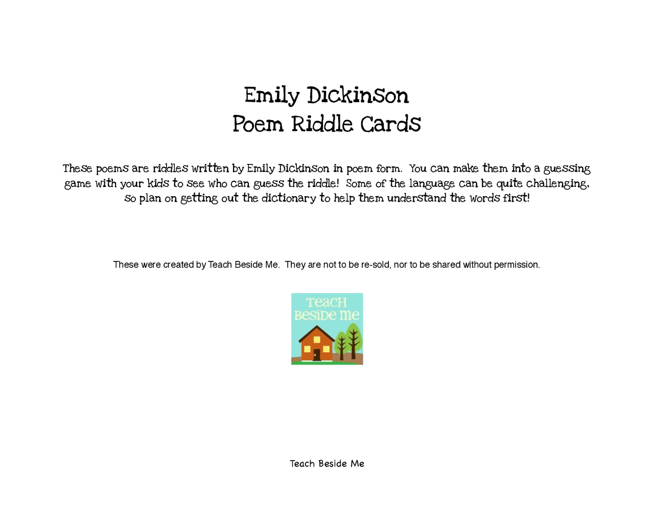 Emily Dickinson Poem Riddle Cards | Exercises Poetry | Docsity