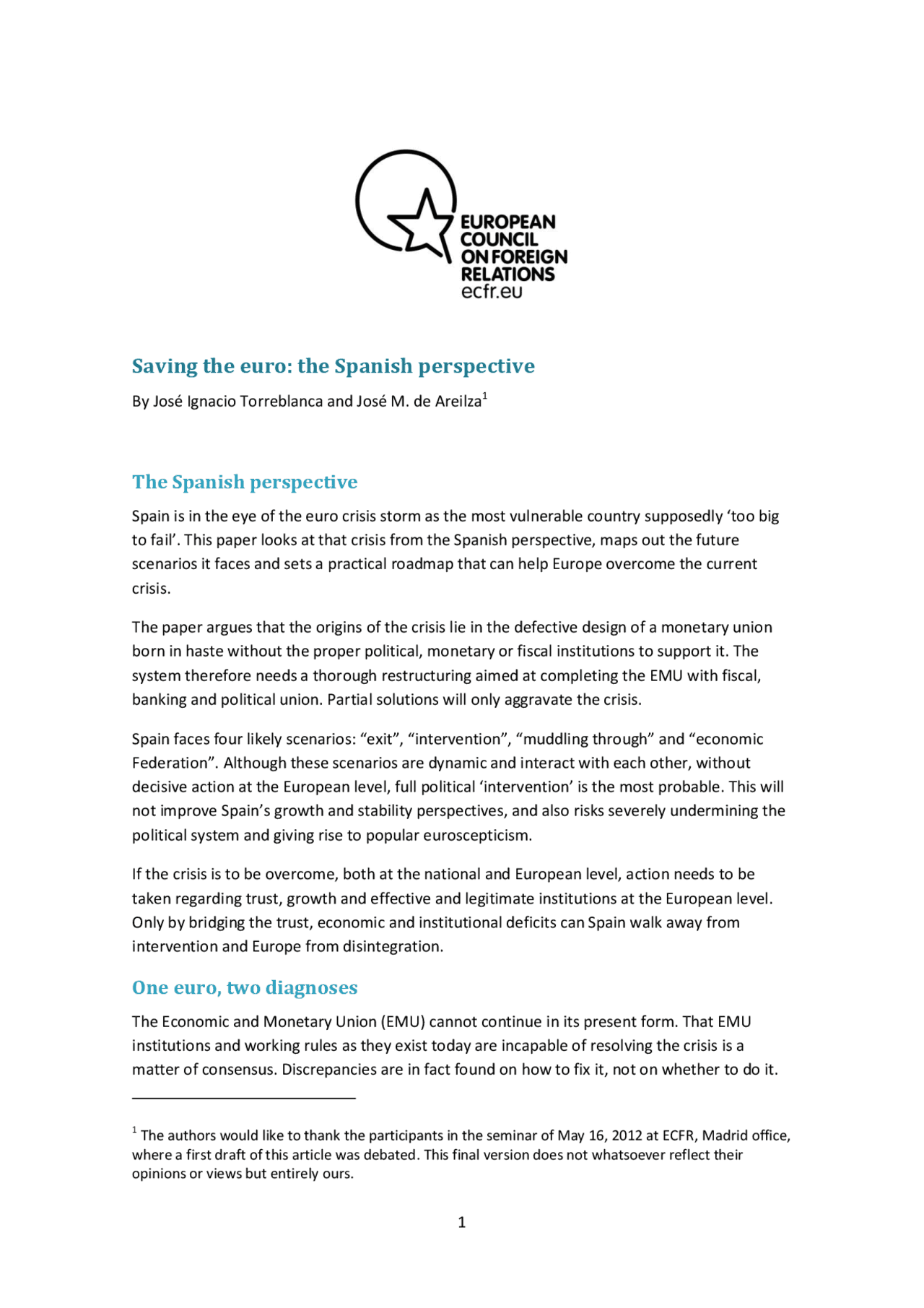 Saving the euro: the Spanish perspective | Exercises Spanish | Docsity