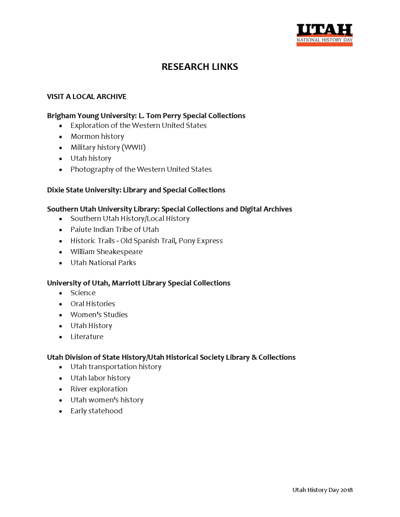 Research Links Utah Division Of State History Exercises History