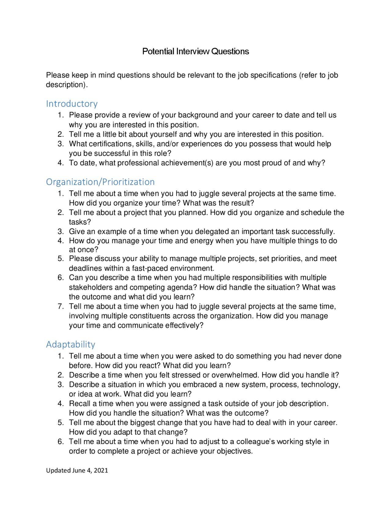 Potential Interview Questions | Exercises Communication | Docsity