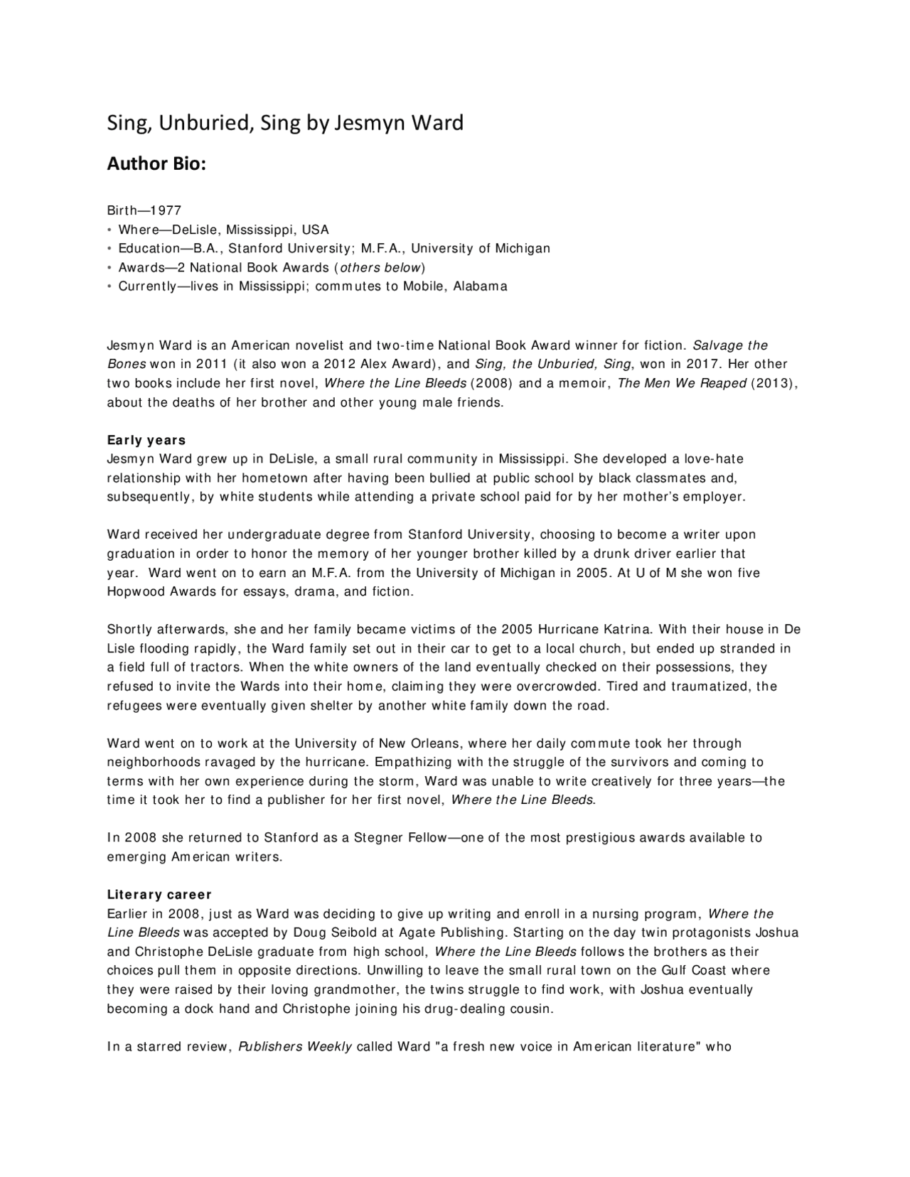 Sing, Unburied, Sing by Jesmyn Ward | Summaries American literature ...