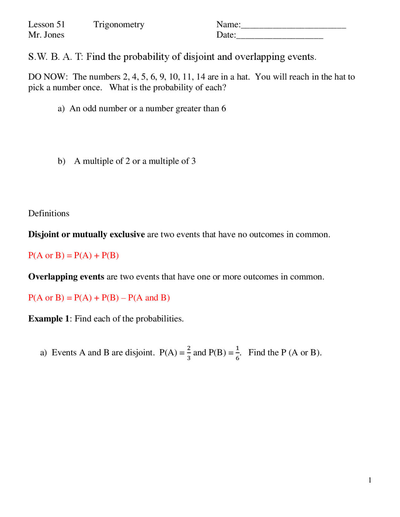 Find the probability of disjoint and overlapping events. | Summaries Statistics | Docsity