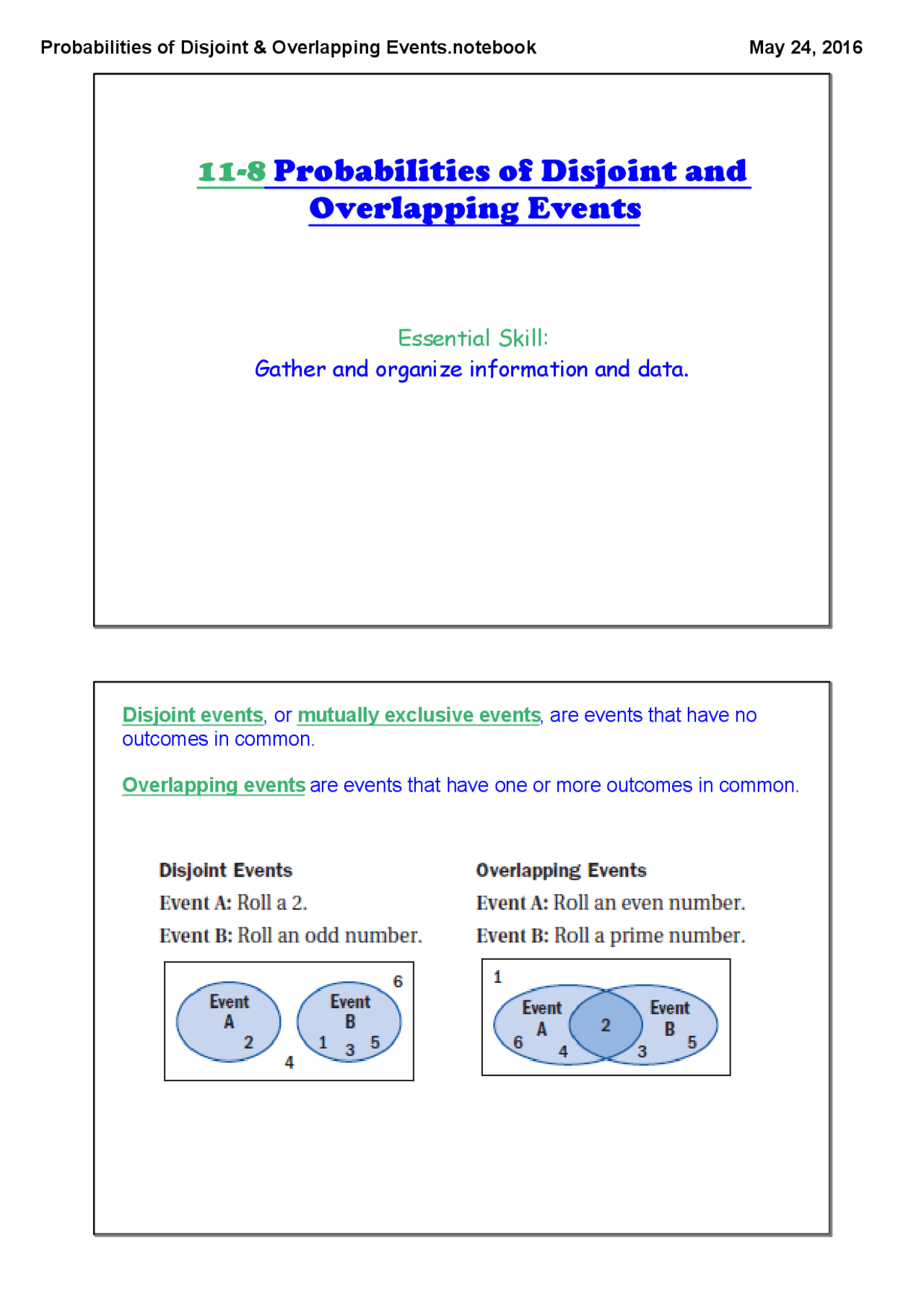 Probabilities of Disjoint & Overlapping Events.notebook | Summaries ...