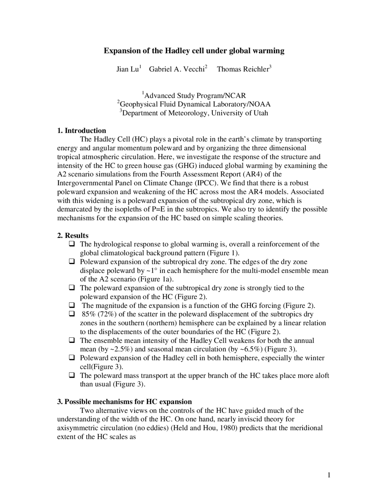 Expansion of the Hadley cell under global warming | Summaries ...