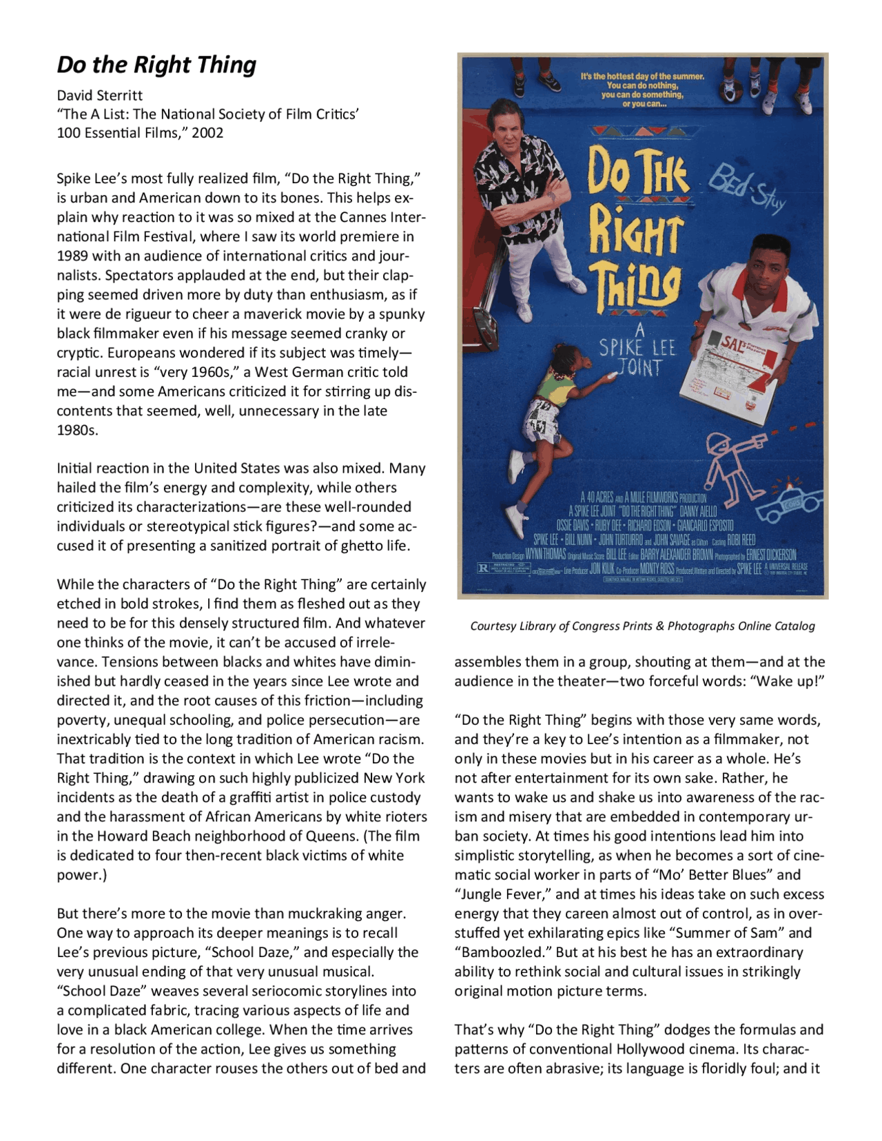 Do the Right Thing: A Critical Analysis of Spike Lee's Film | Exams Italian | Docsity