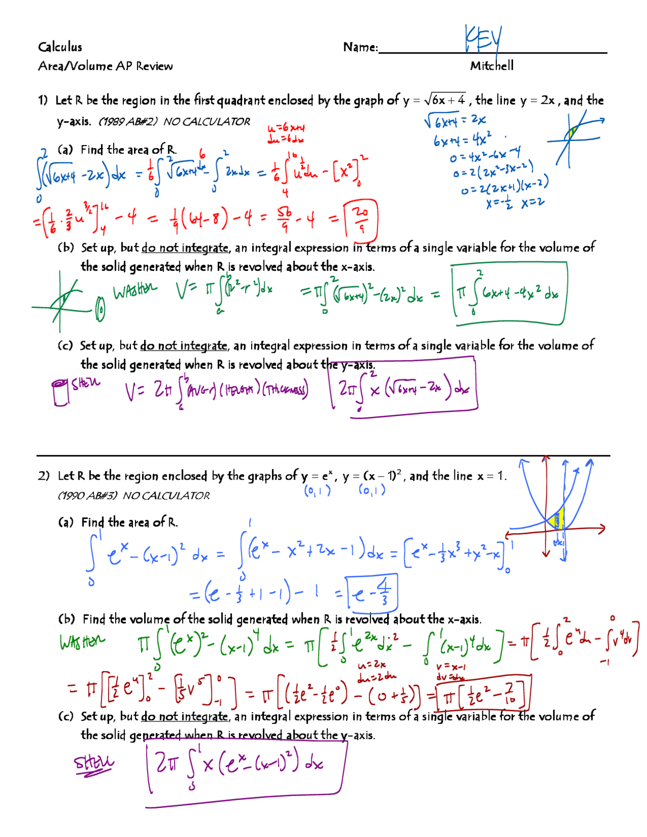 area and volume review KEY.jnt | Exercises Calculus | Docsity