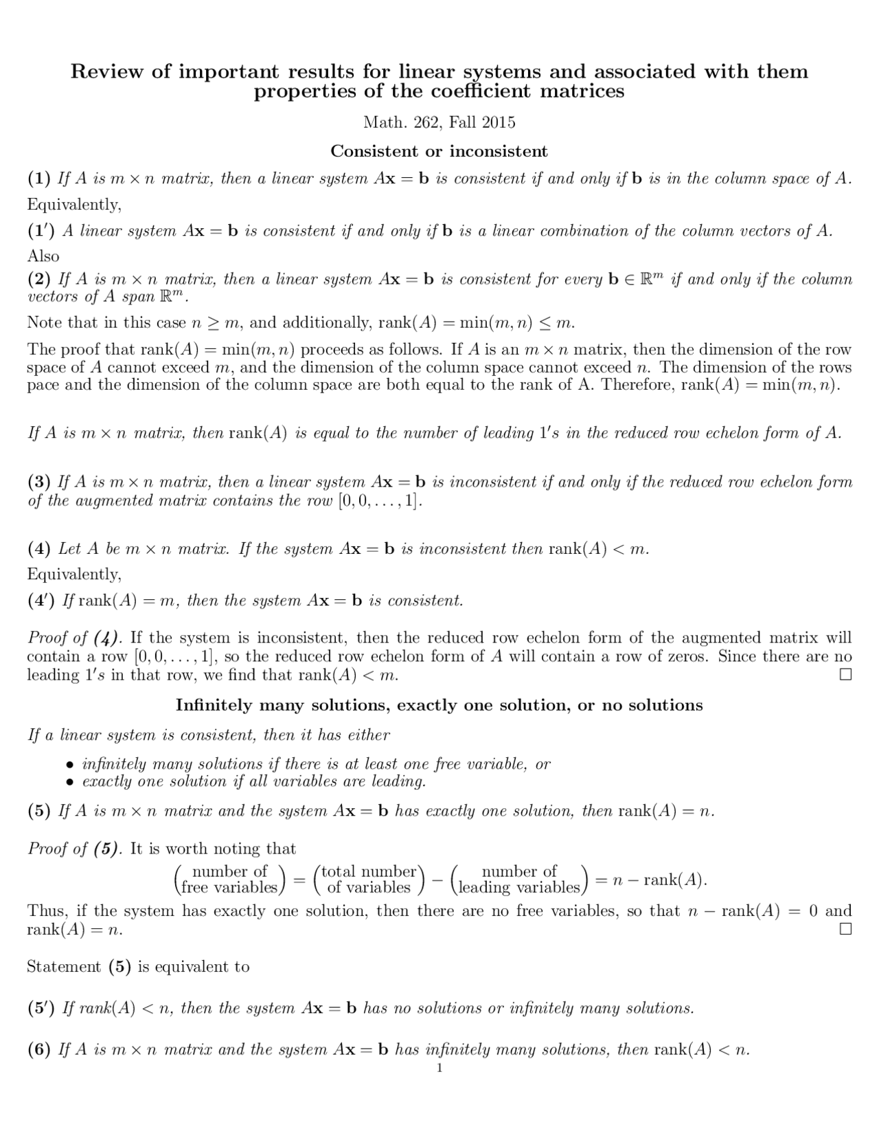 Review of important results for linear systems and associated ...