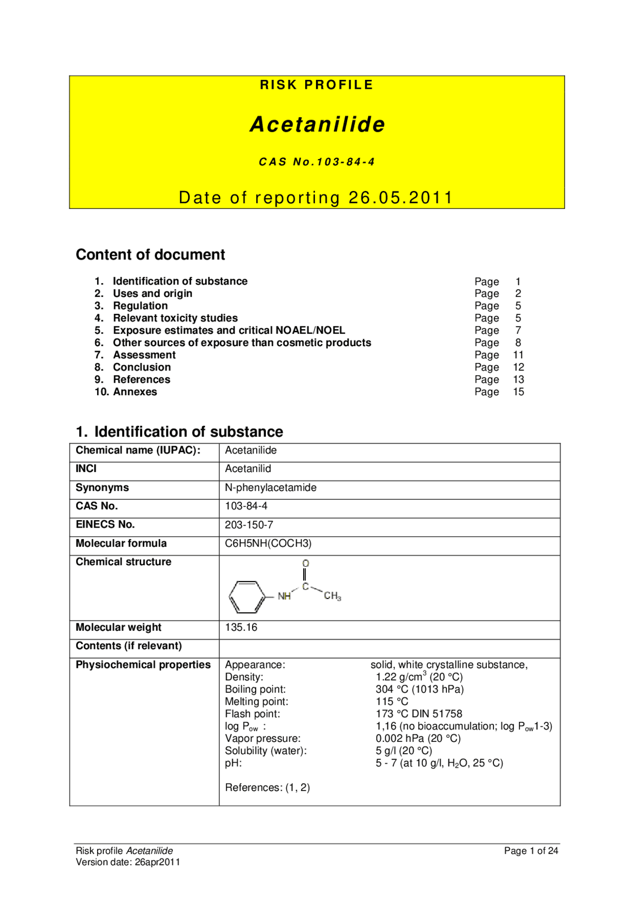 Risk Profile Acetanilide Summaries Toxicology Docsity