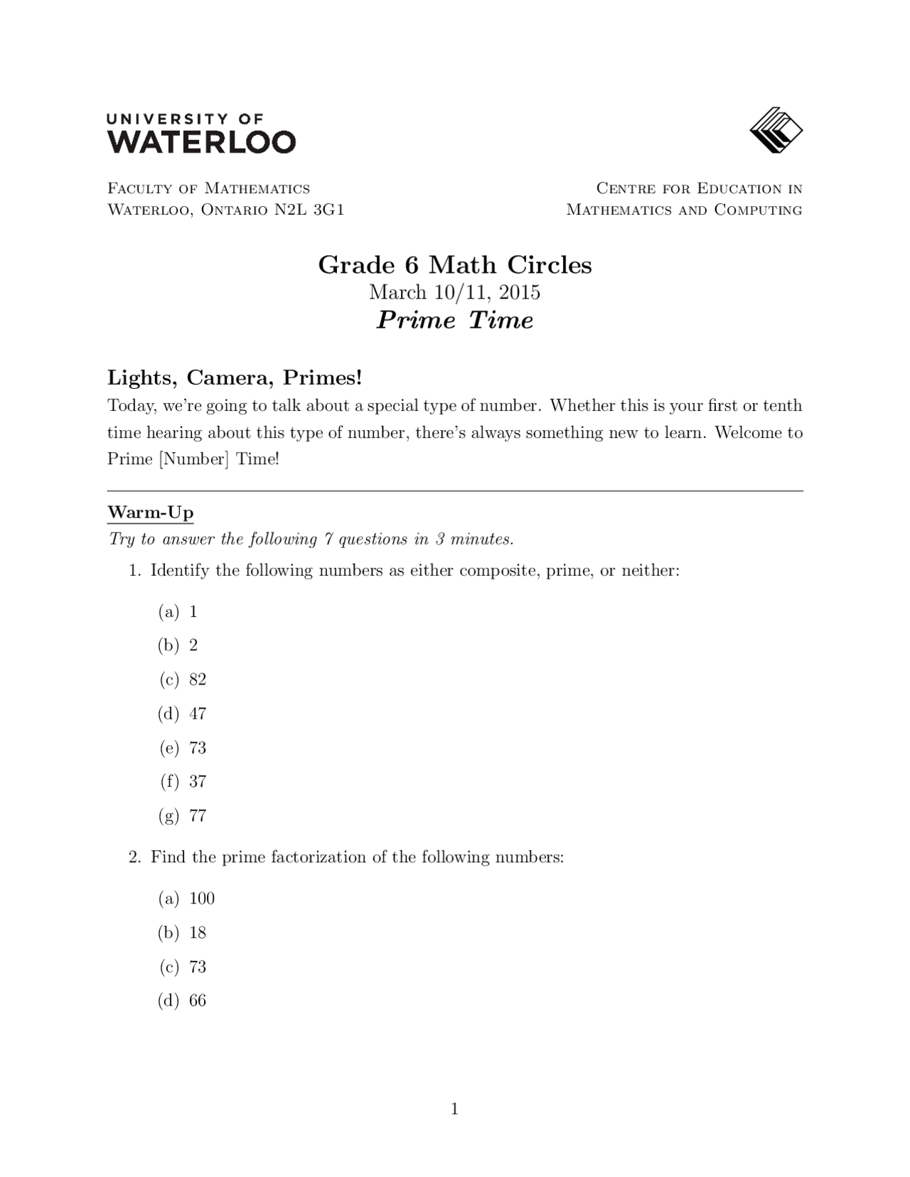Grade 6 Math Circles Prime Time | Summaries Mathematics | Docsity