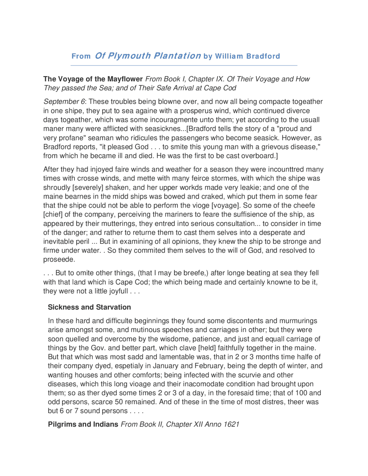 From Of Plymouth Plantation by William Bradford | Exams English | Docsity