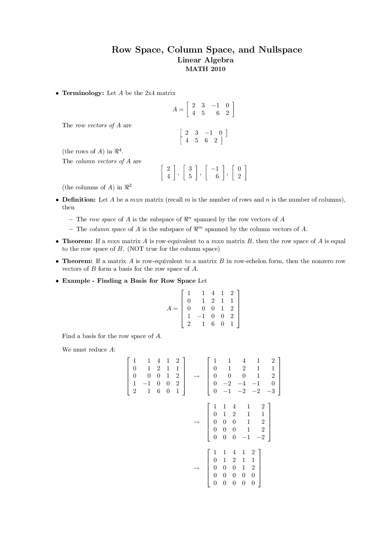 Row Space Column Space And Nullspace Slides Linear Algebra Docsity