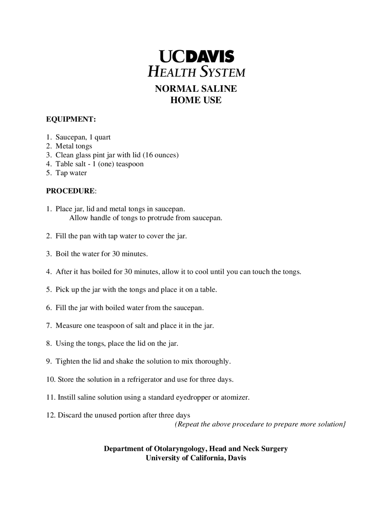 NORMAL SALINE HOME USE | Study notes Health sciences | Docsity