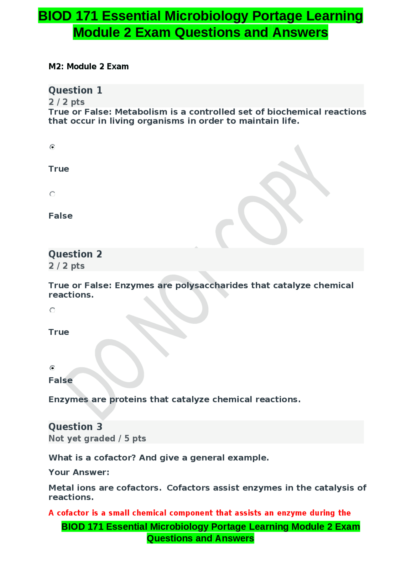 BIOD 171 Essential Microbiology Portage Learning Module 2 Exam ...
