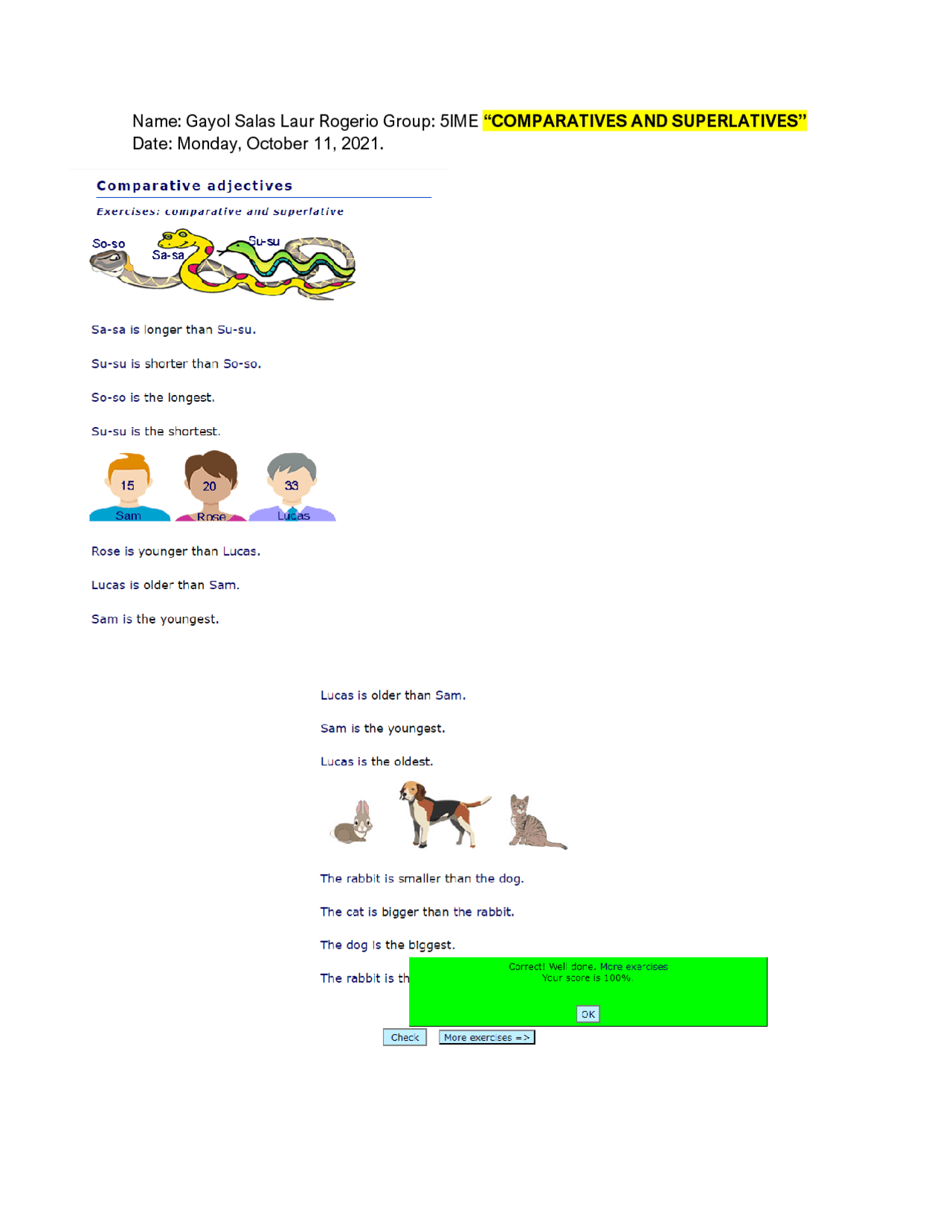 Ejercicios acerca de comparatives y superlatives en ingles | Ejercicios de Inglés | Docsity