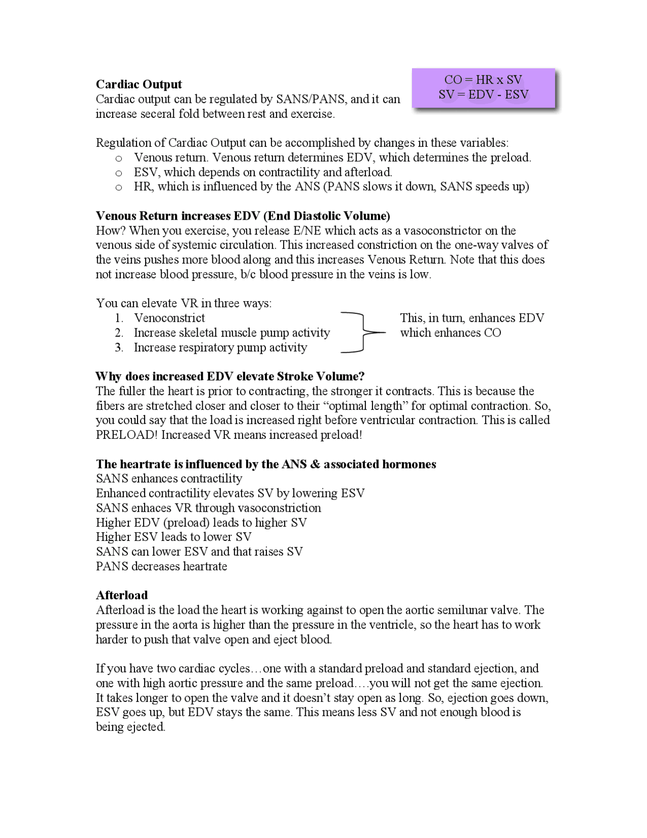 CO = HR x SV SV = EDV | Study notes Cardiology | Docsity