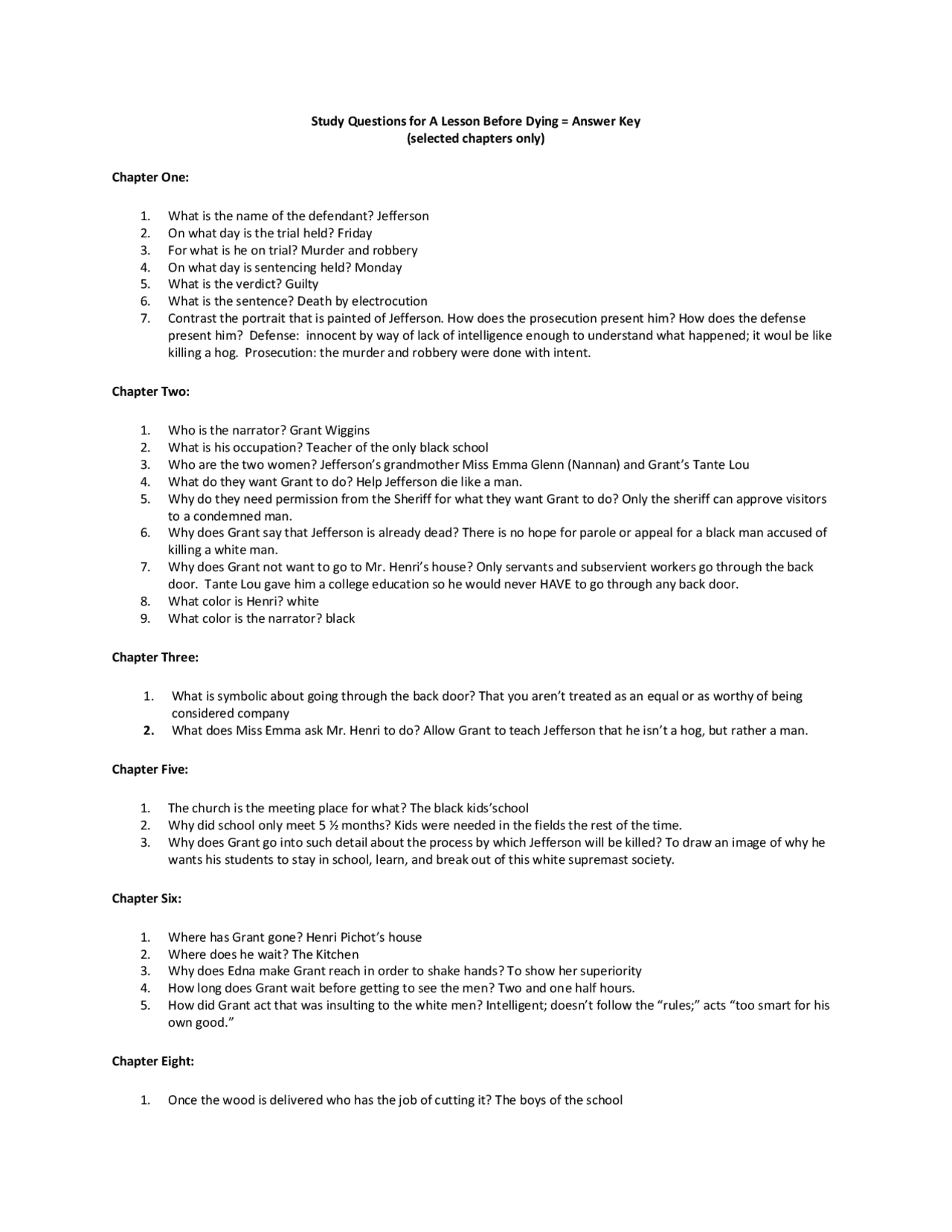 Study Questions for A Lesson Before Dying = Answer Key | Slides ...
