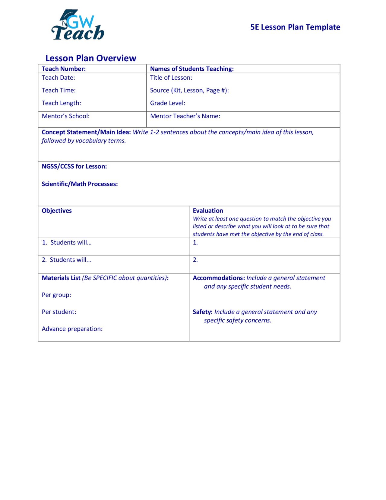 5e Lesson Plan Template Lecture Notes Teaching Method Docsity