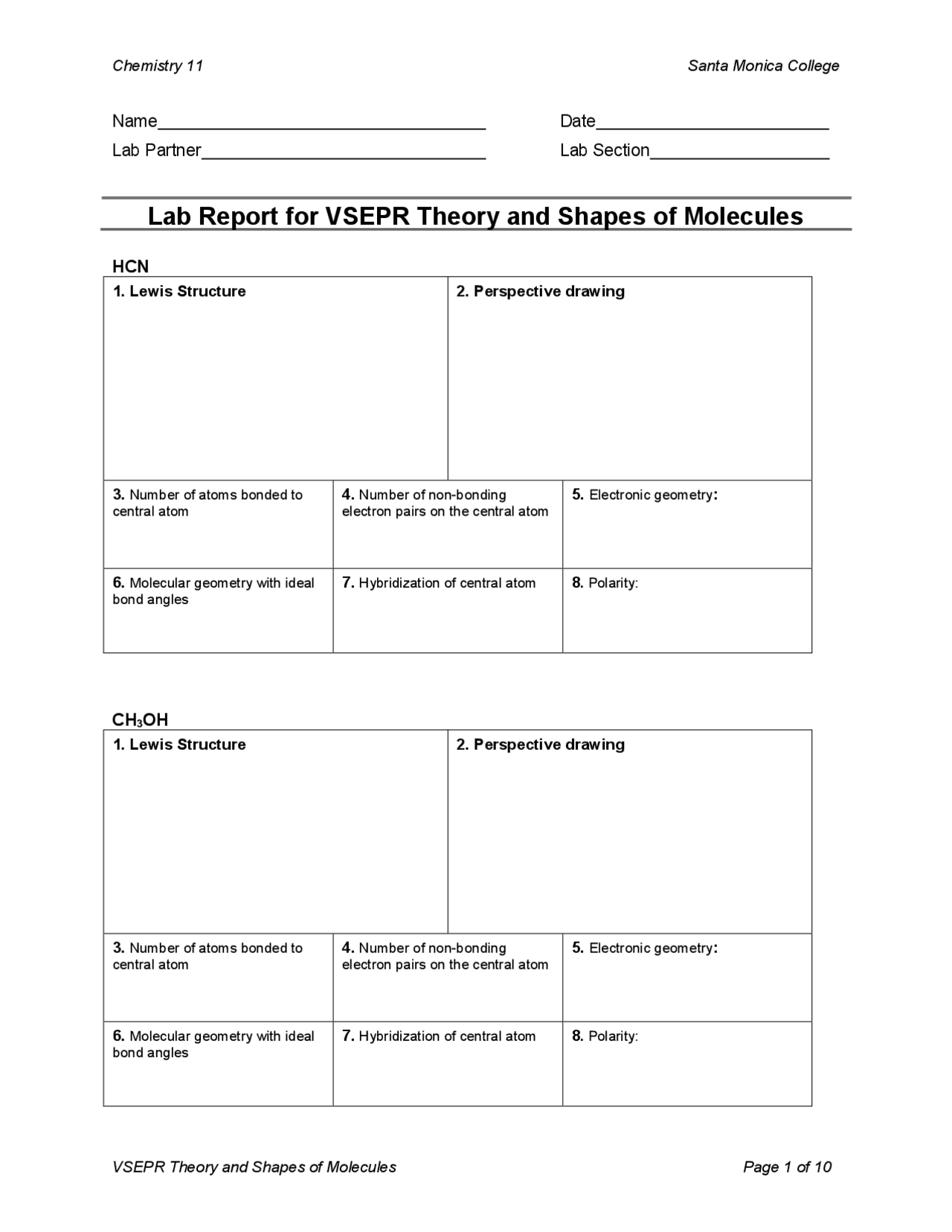 Lab Report for VSEPR Theory and Shapes of Molecules | Exams Geometry | Docsity