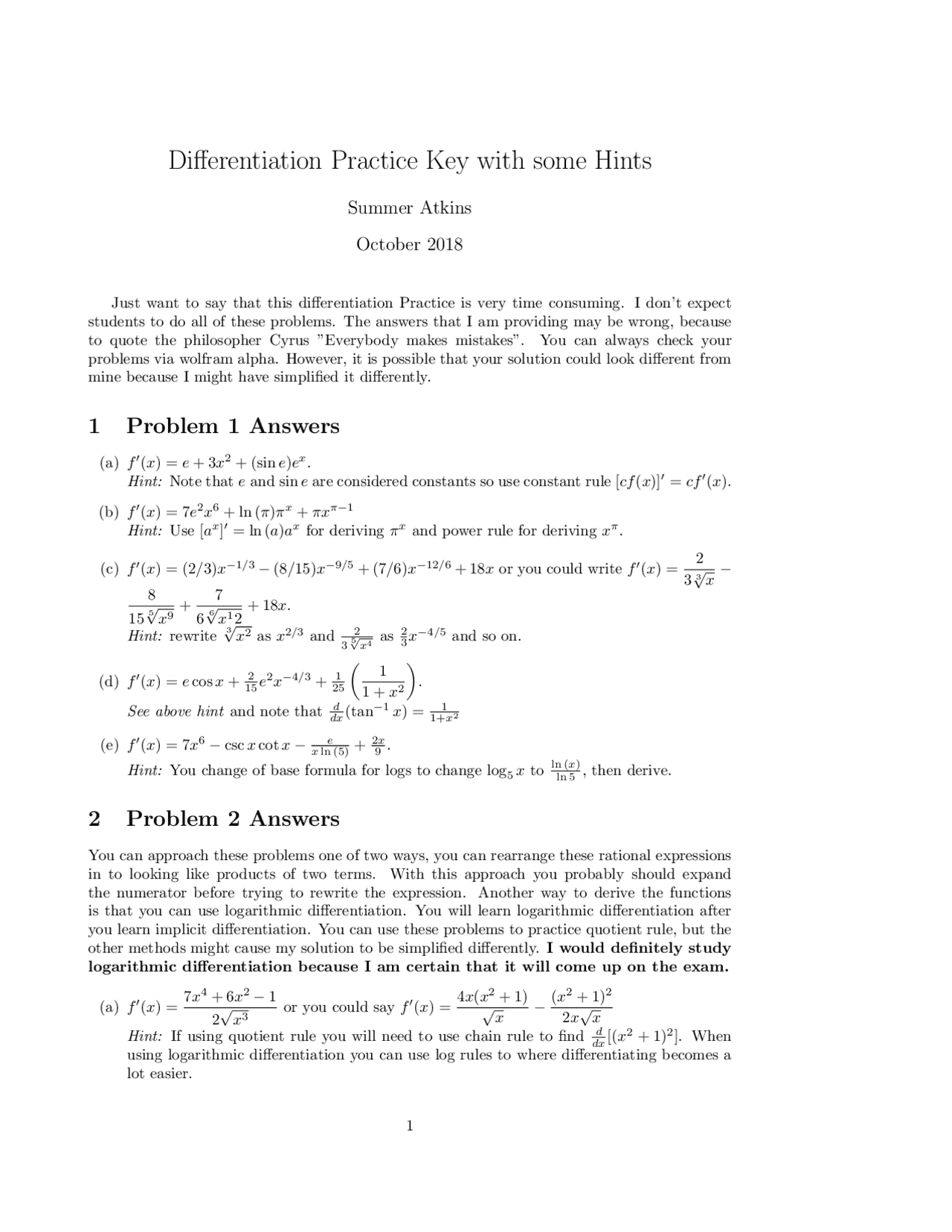 Differentiation Practice Key with some Hints | Study notes Differential ...