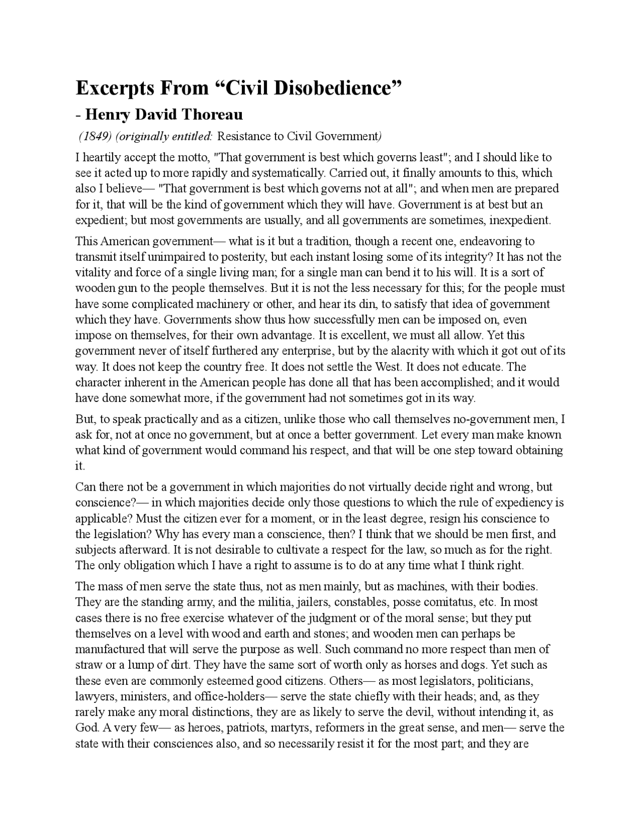Excerpts From “Civil Disobedience” | Exams Law | Docsity