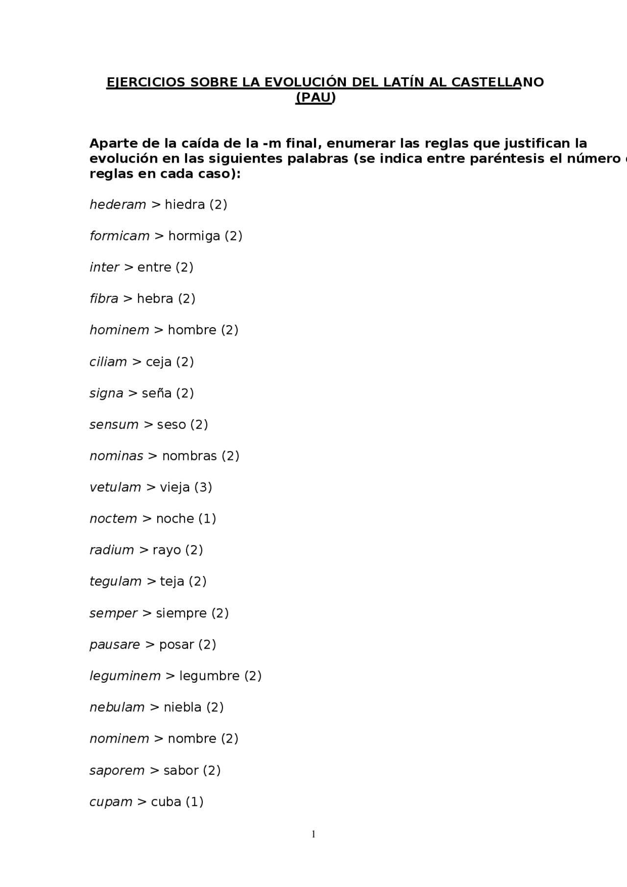 Ejercicios de evolución de palabras de latín. Palabras cultas y ...
