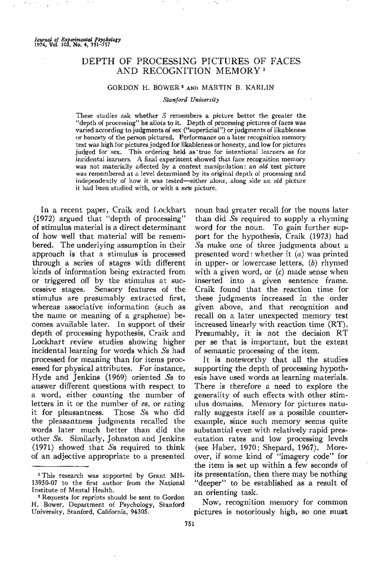 Depth Of Processing Pictures Of Faces And Summaries Psychology