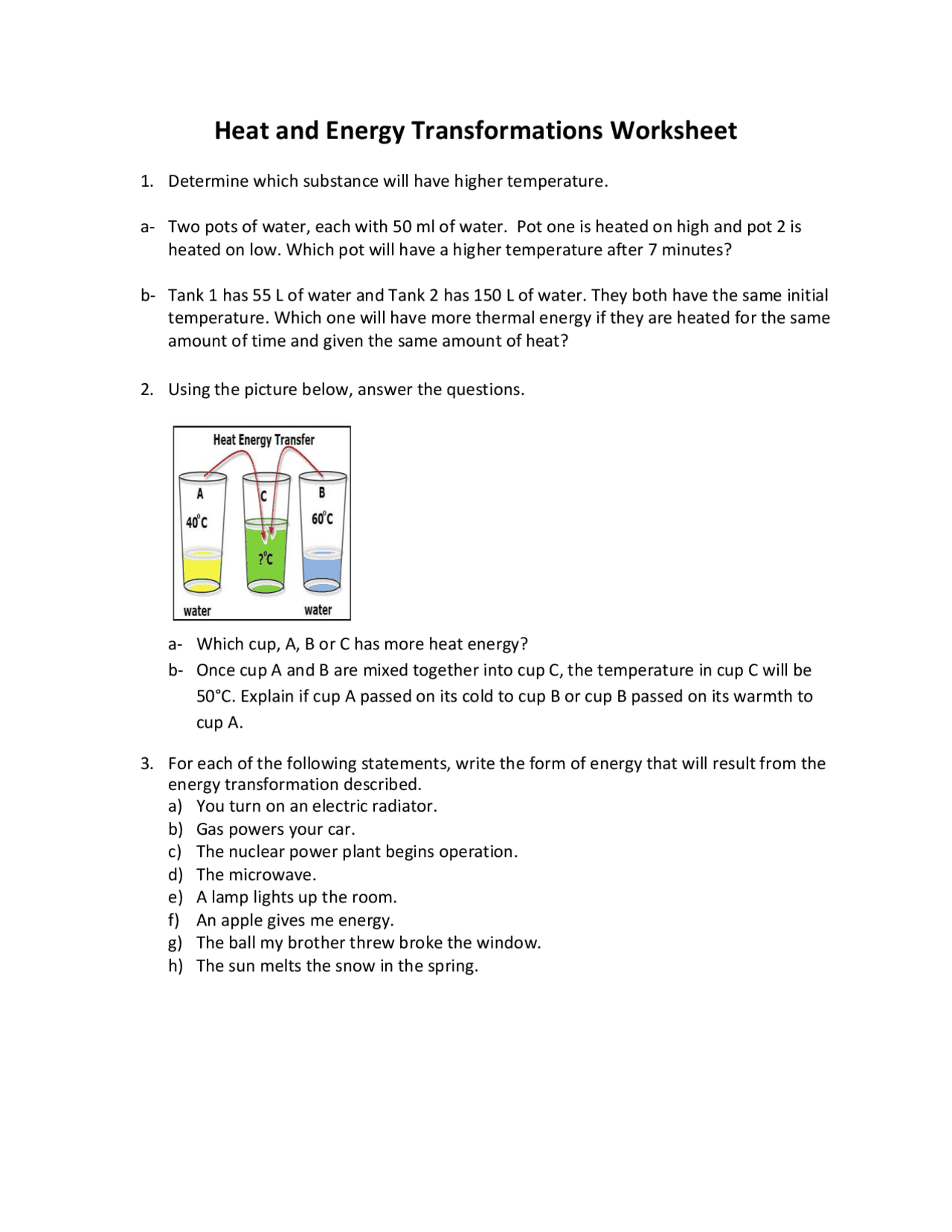 Heat and Energy Transformations Worksheet | Study notes Thermodynamics ...