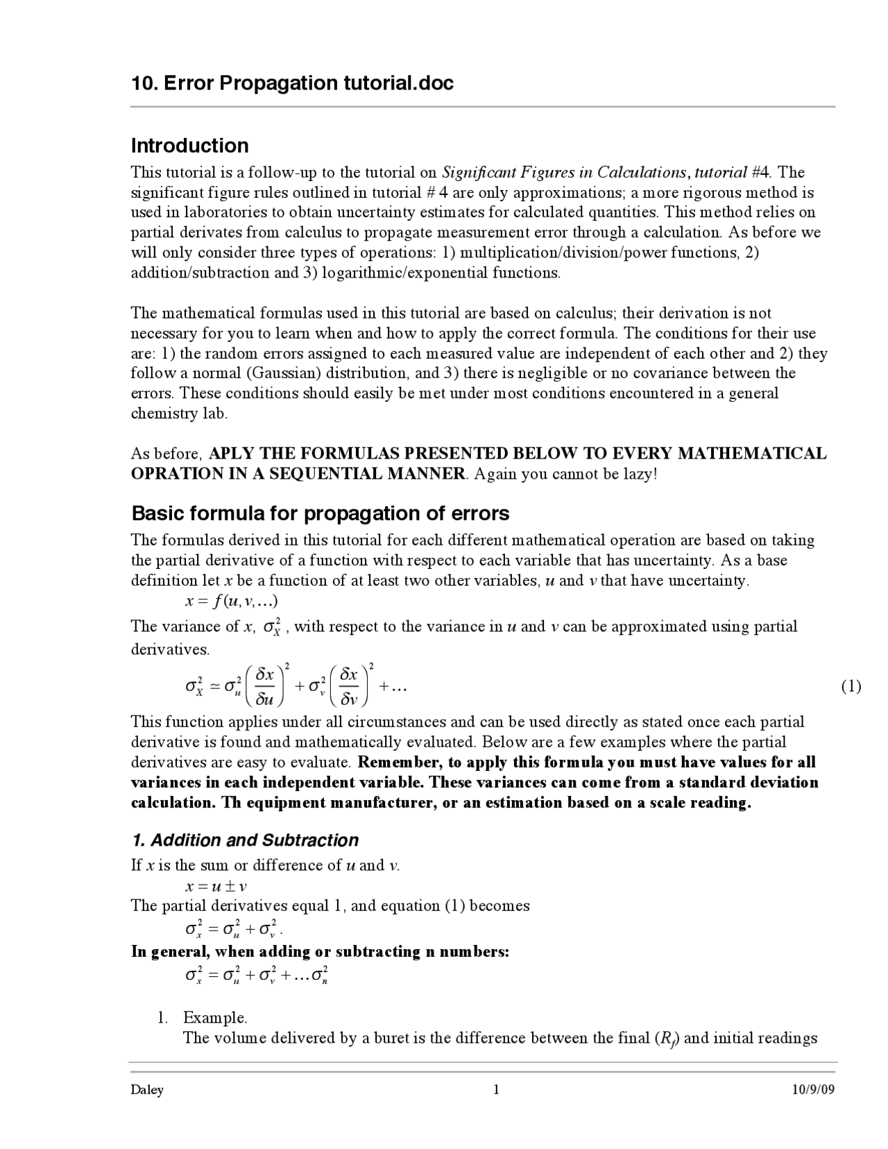 10. Error Propagation tutorial.doc | Summaries Calculus | Docsity