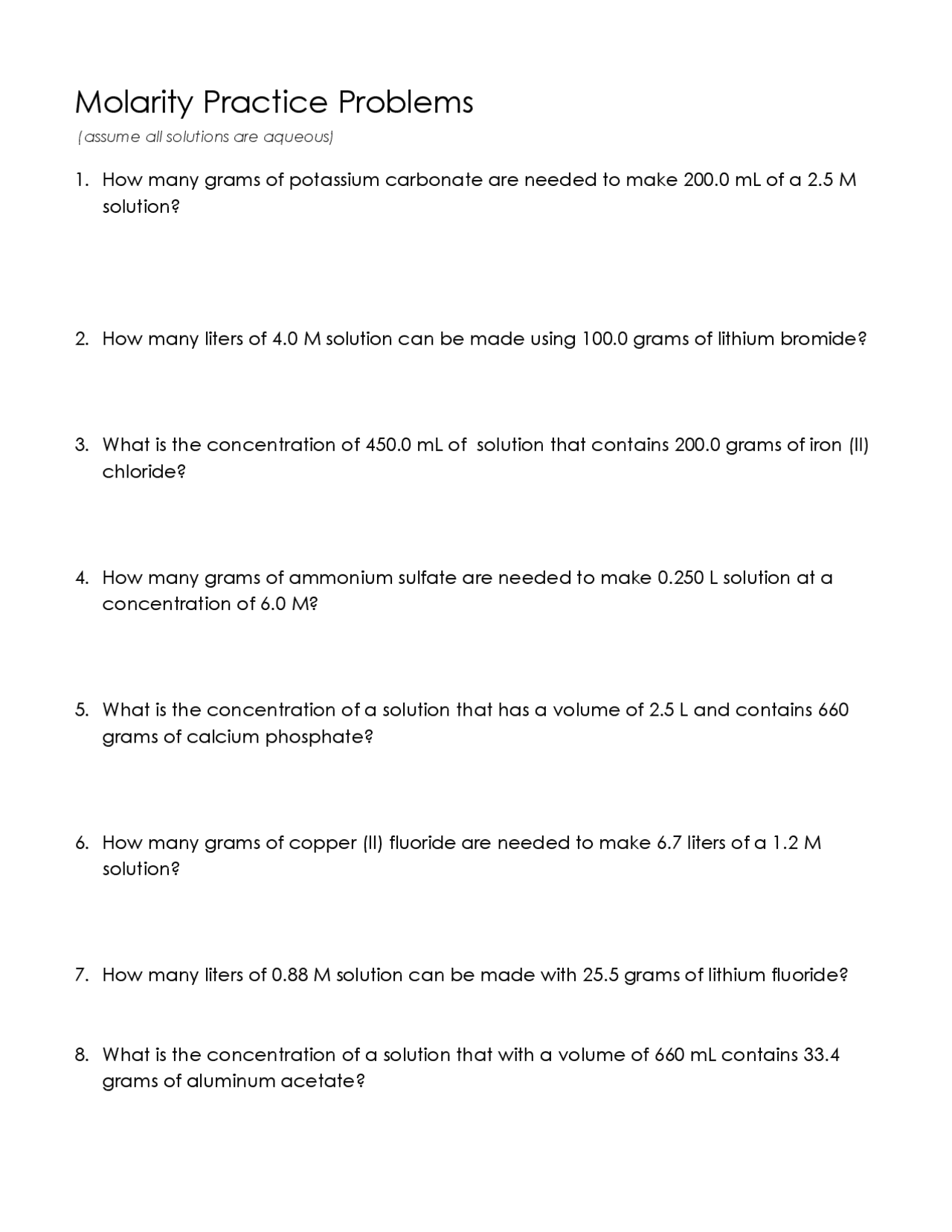Molarity Practice Problems | Exercises Chemistry | Docsity