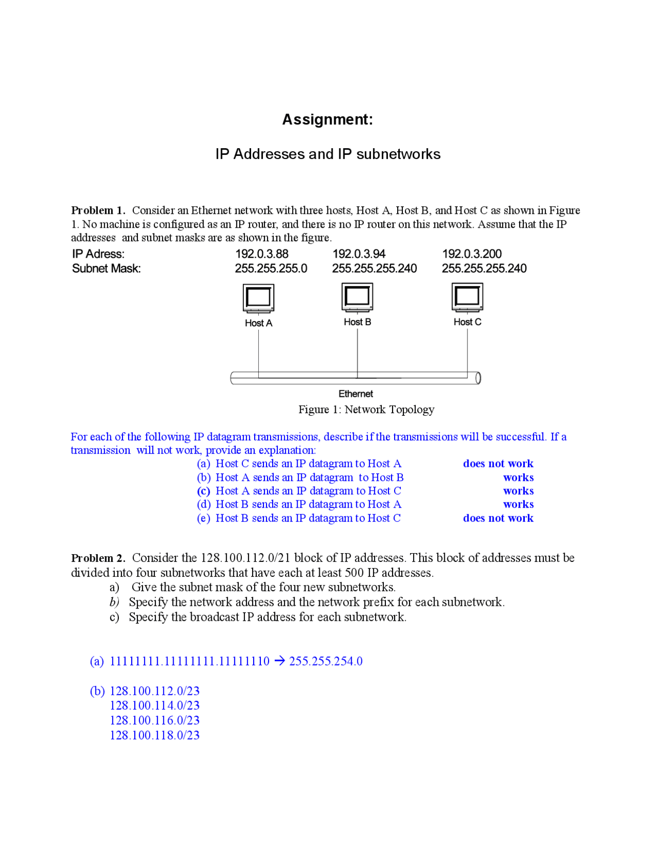 Assignment: IP Addresses and IP subnetworks | Exercises Topology | Docsity