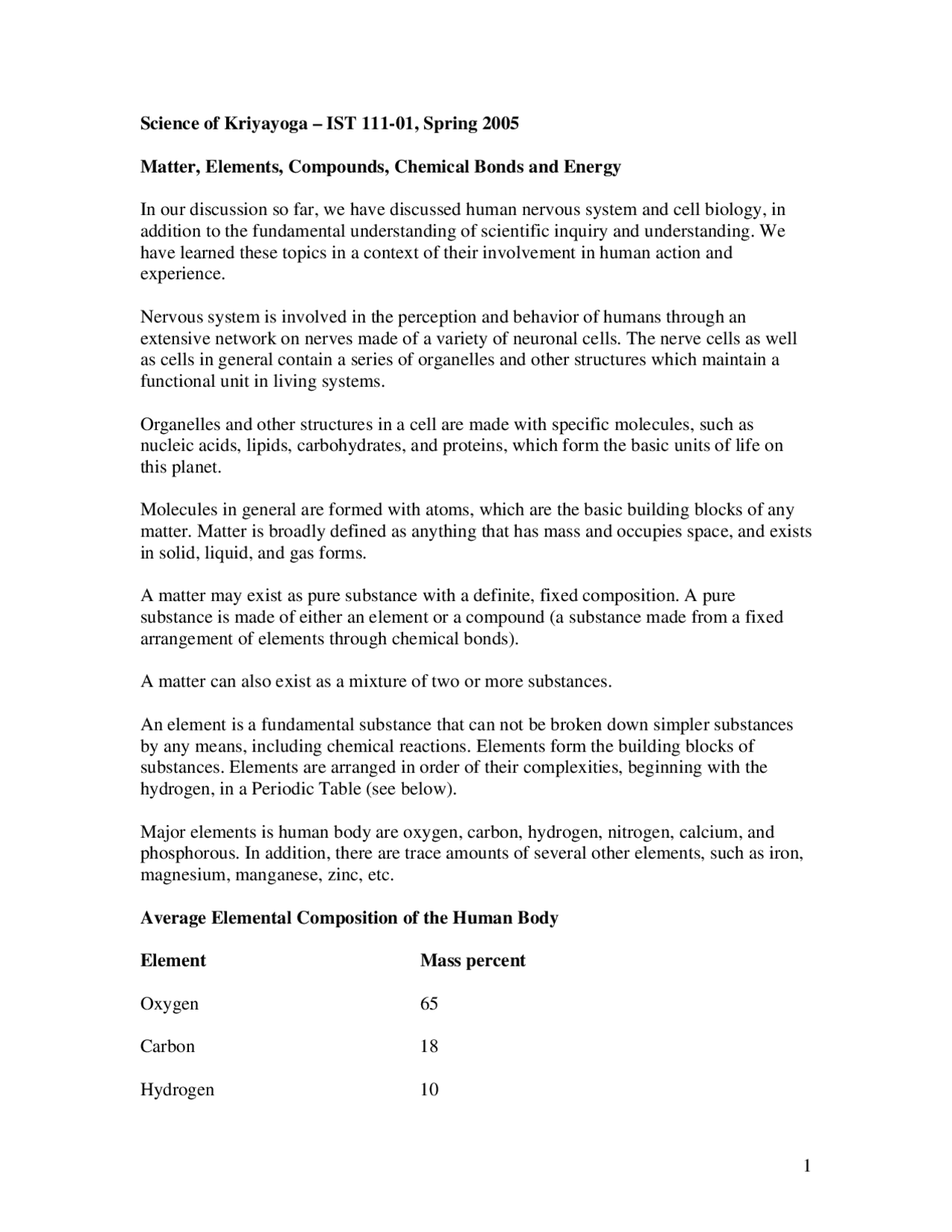 Matter, Elements, Compounds, Chemical Bonds and Energy | Lecture notes ...