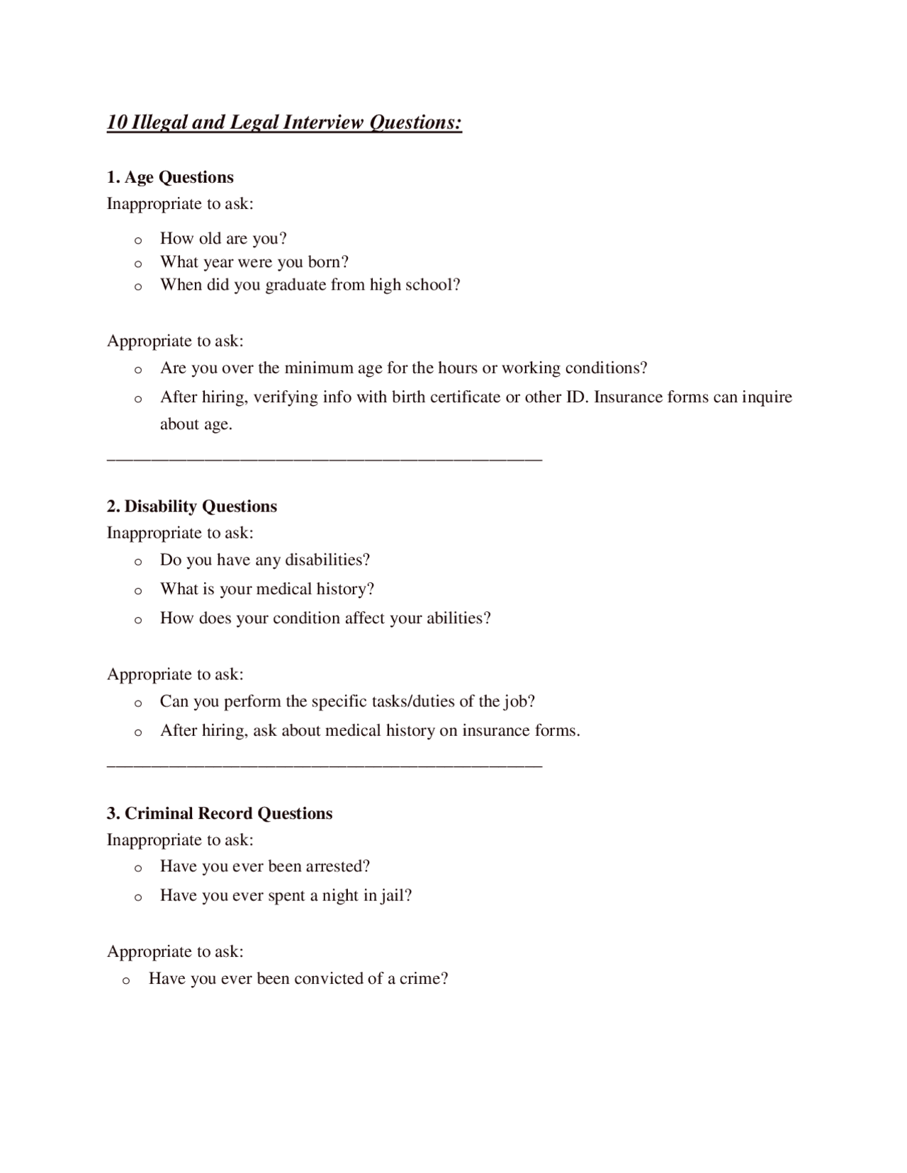 10 Illegal and Legal Interview Questions: | Esquemas y mapas ...