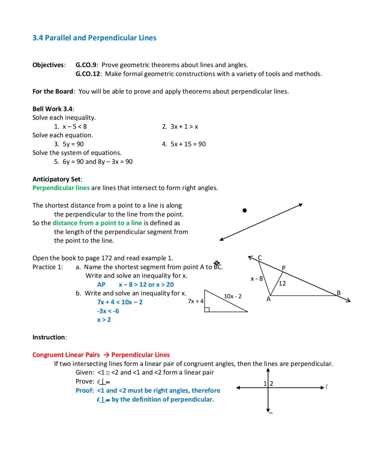 3.4 Parallel and Perpendicular Lines | Exams Algebra | Docsity