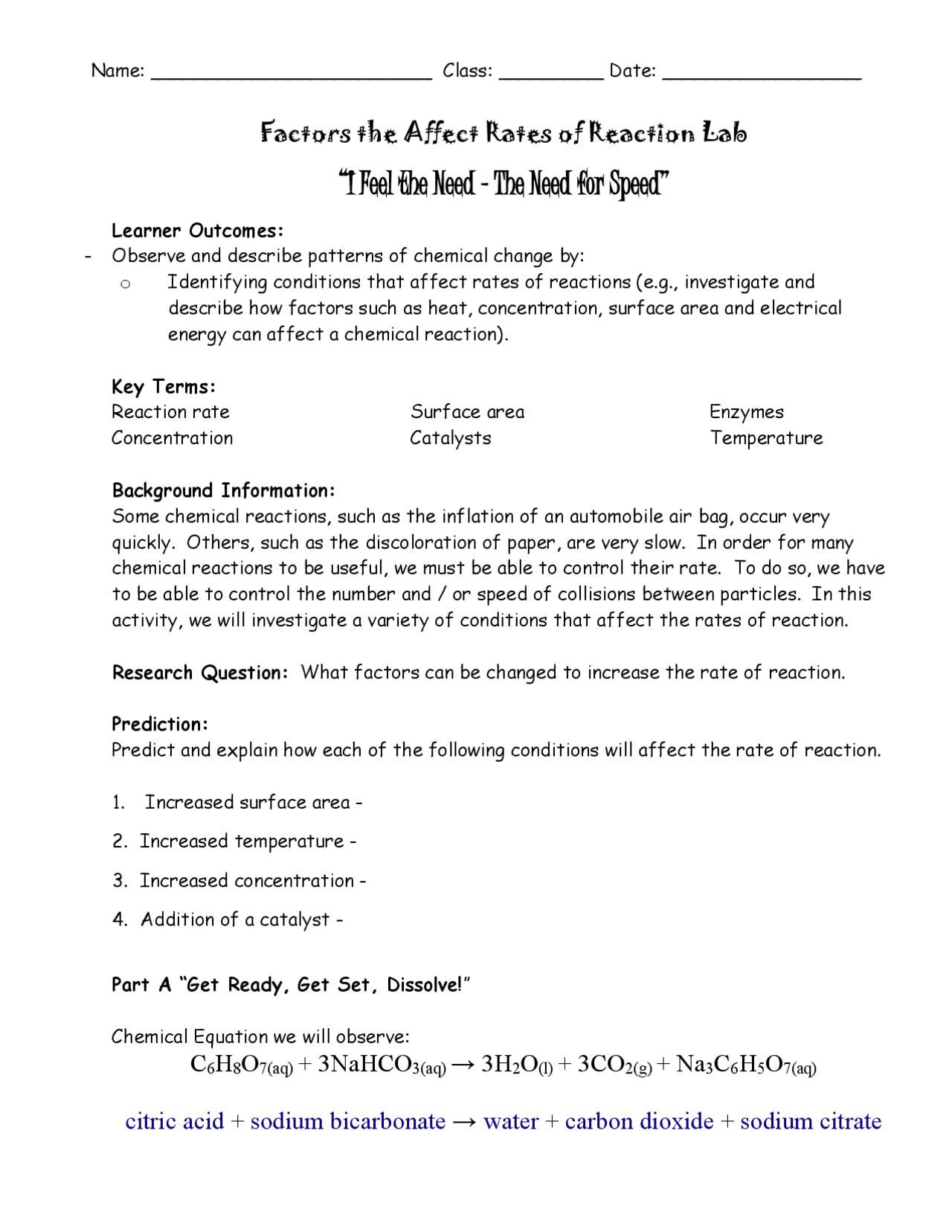 Factors the Affect Rates of Reaction Lab | Exams Chemistry | Docsity