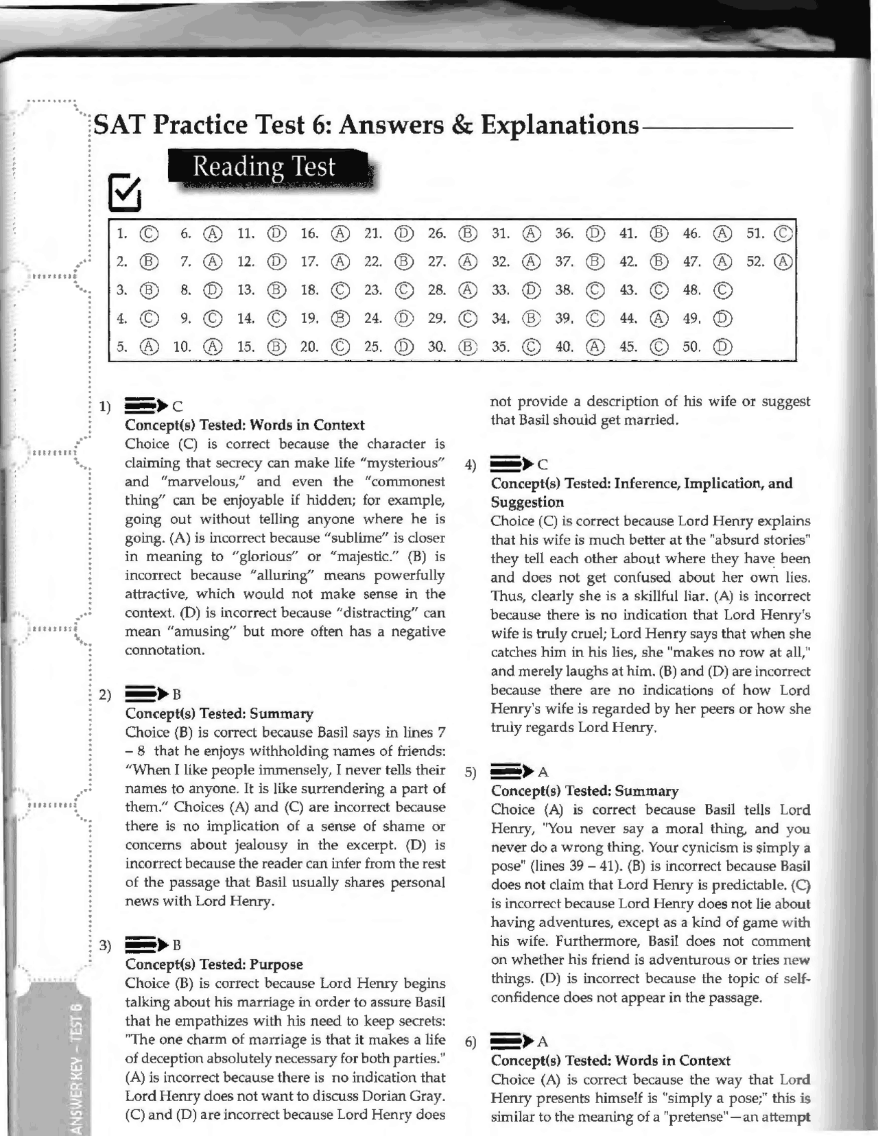 SAT-6-Reading-Answers.pdf | Schemes and Mind Maps Painting | Docsity