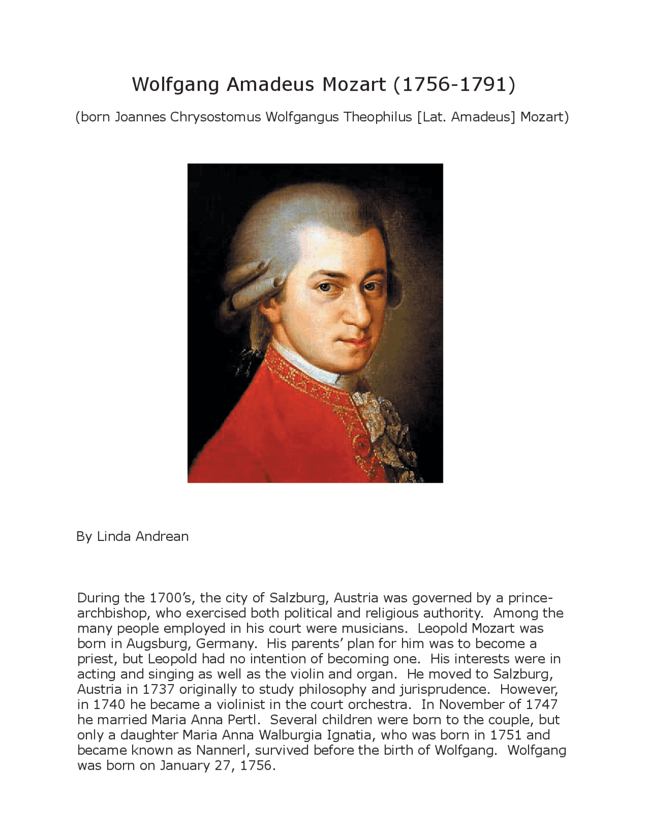 Wolfgang Amadeus Mozart (1756-1791) | Study notes Music | Docsity
