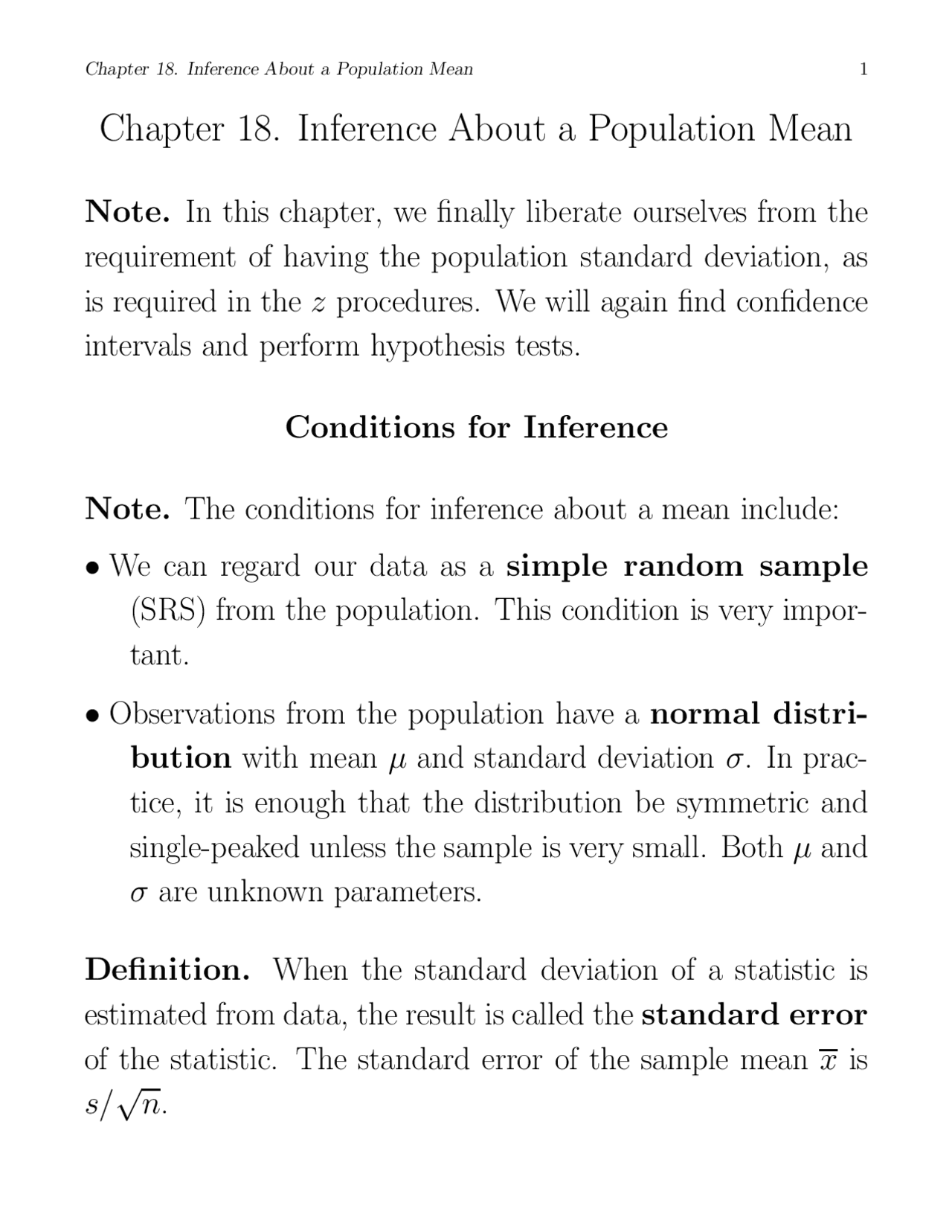 Chapter 18. Inference About a Population Mean | Slides Statistics | Docsity
