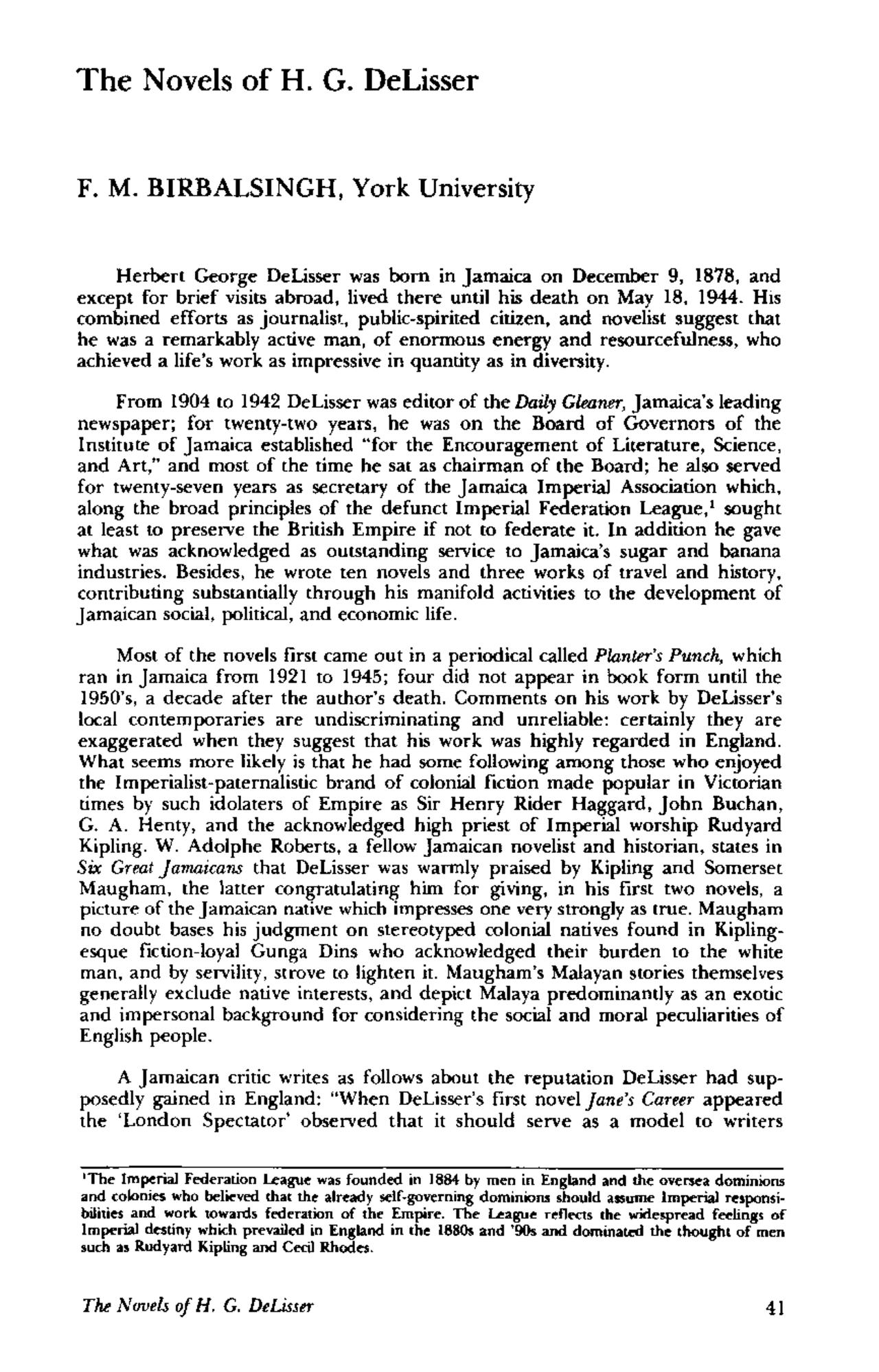 The Novels of H. G. DeLisser | Exercises Art | Docsity