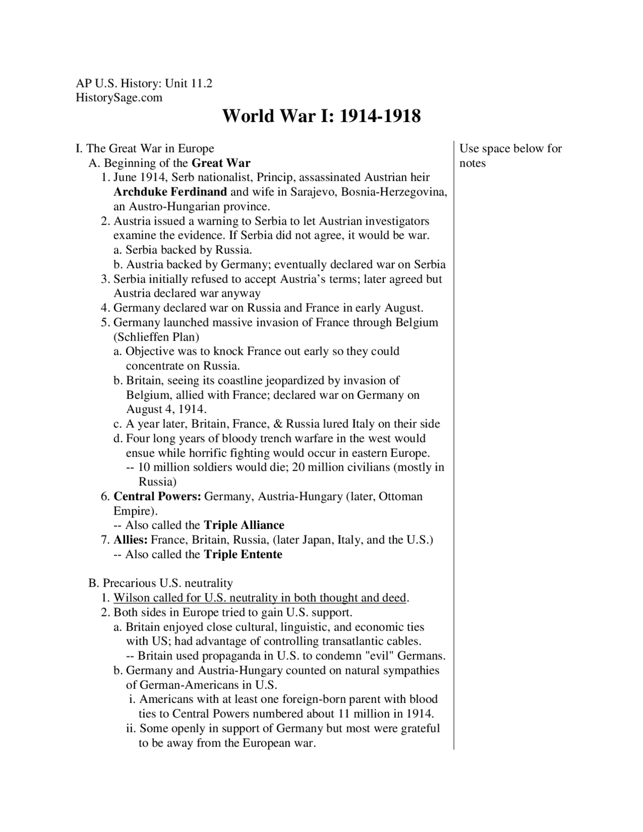 World War I: 1914-1918 | Lecture notes German | Docsity