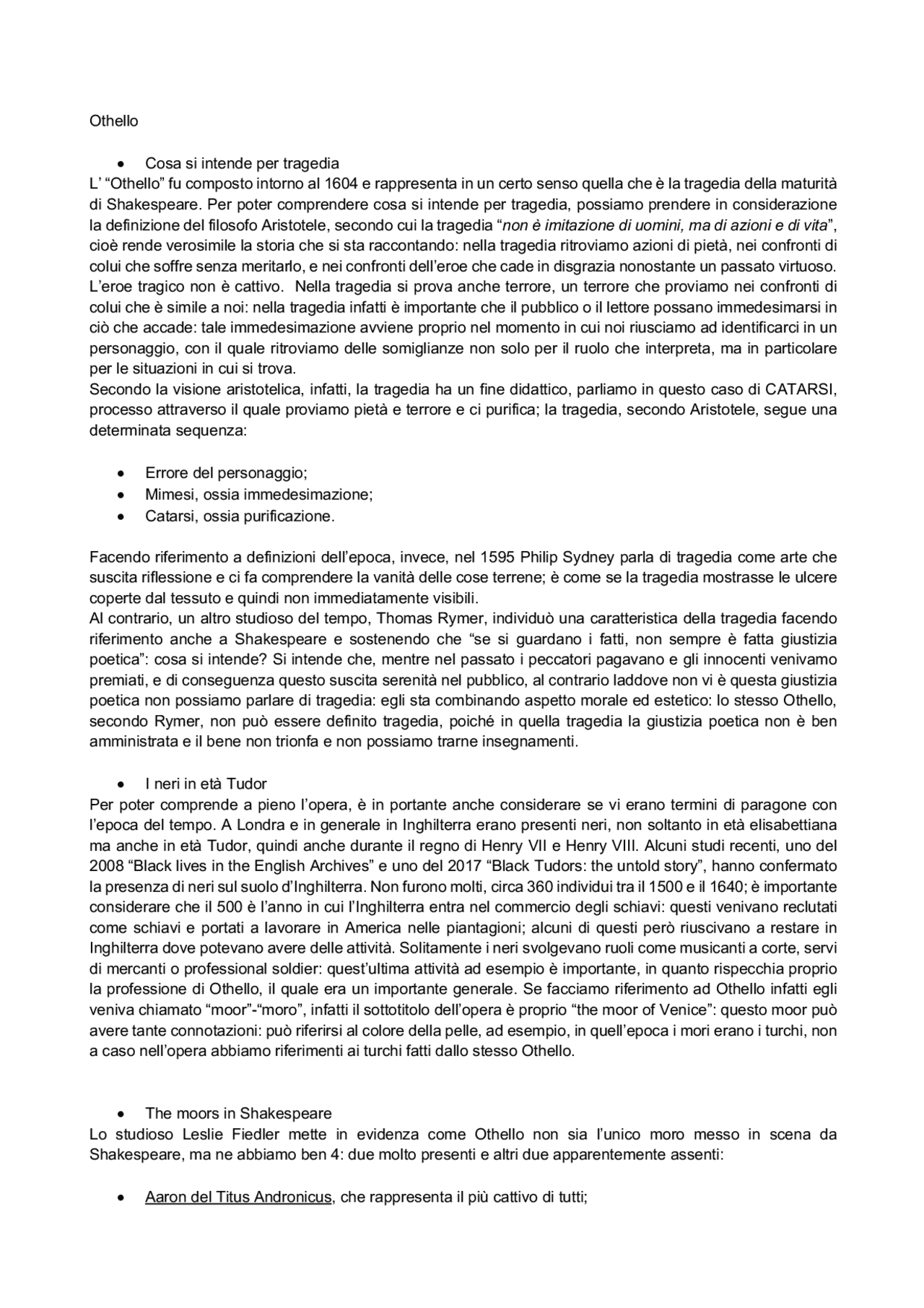 Othello di William Shakespeare Analisi | Appunti di Letteratura Inglese | Docsity