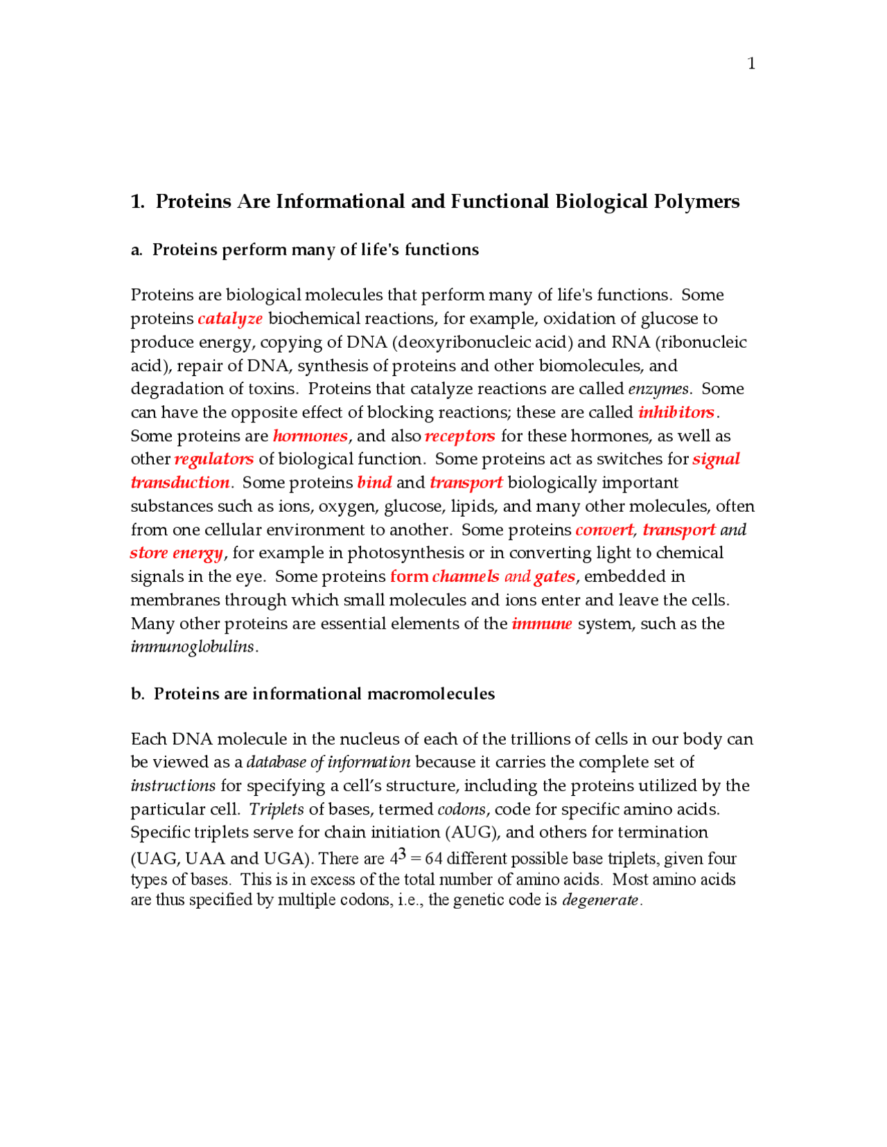1 Proteins Are Informational And Functional Biological Polymers