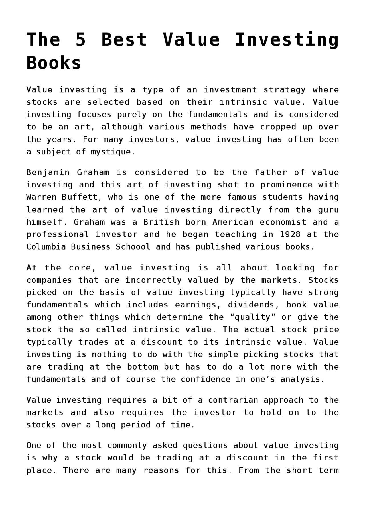 The 5 Best Value Investing Books Exercises Art Docsity