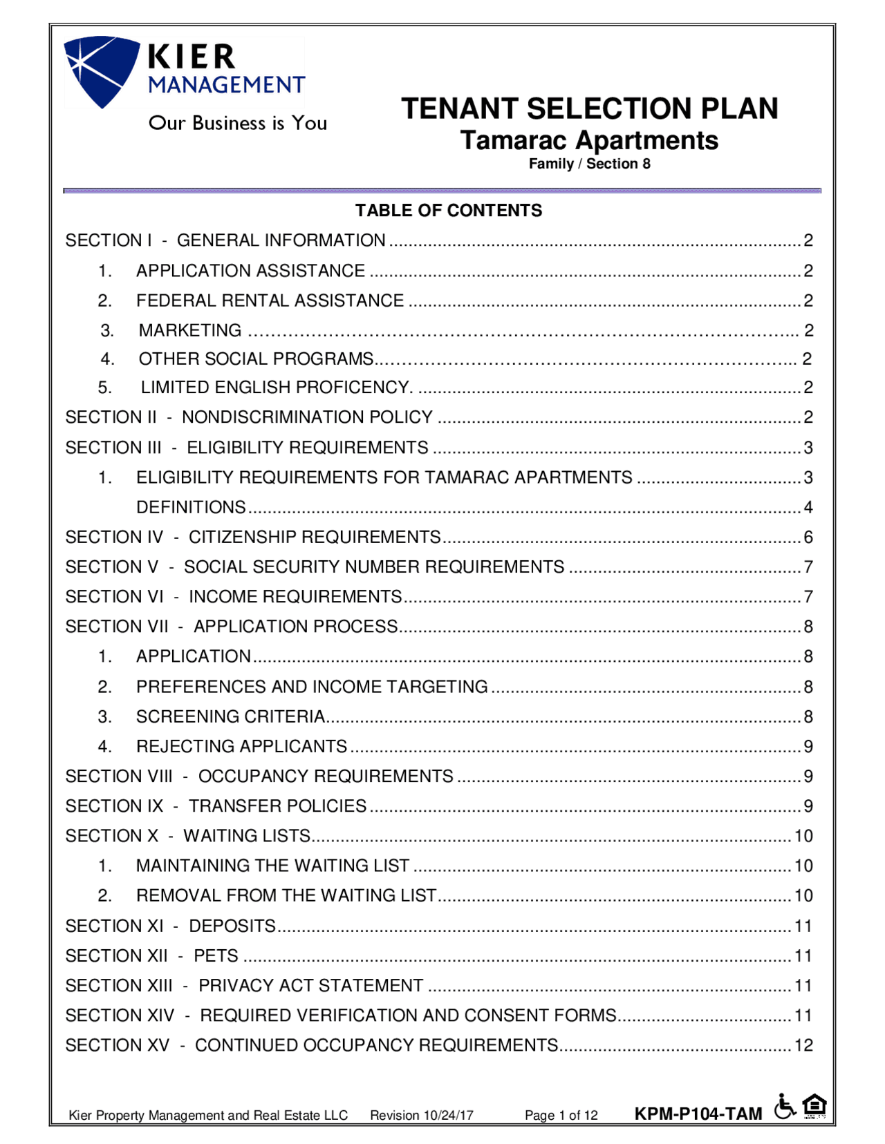 TENANT SELECTION PLAN | Exercises English | Docsity