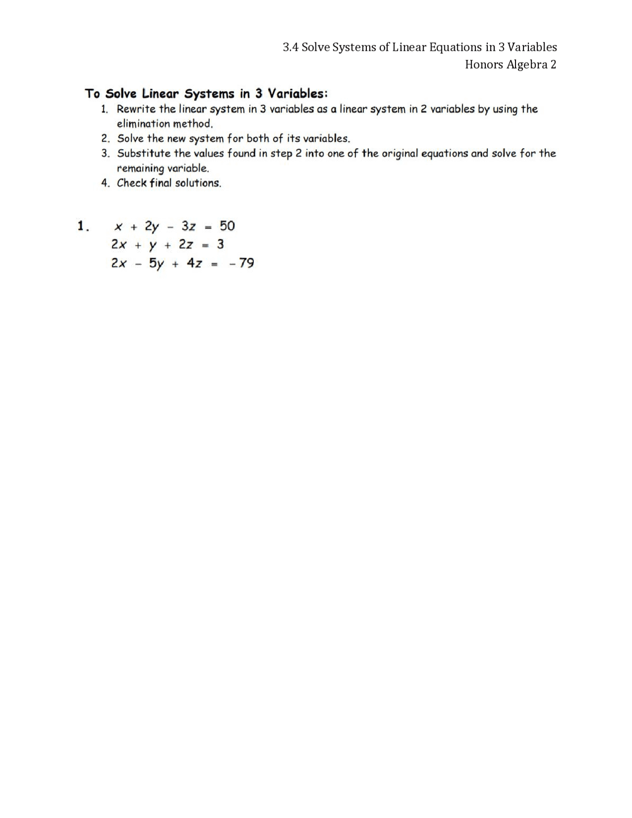 3.4 Solve Systems of Linear Equations in 3 Variables Honors ...