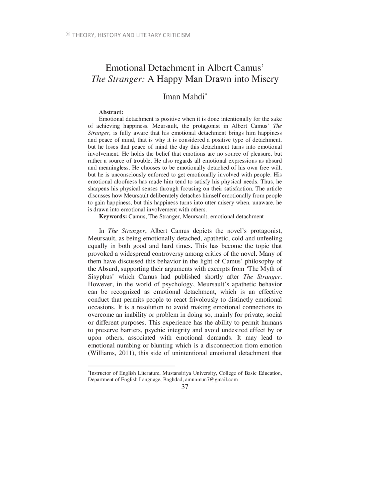 Emotional Detachment in Albert Camus' The Stranger | Schemes and Mind ...