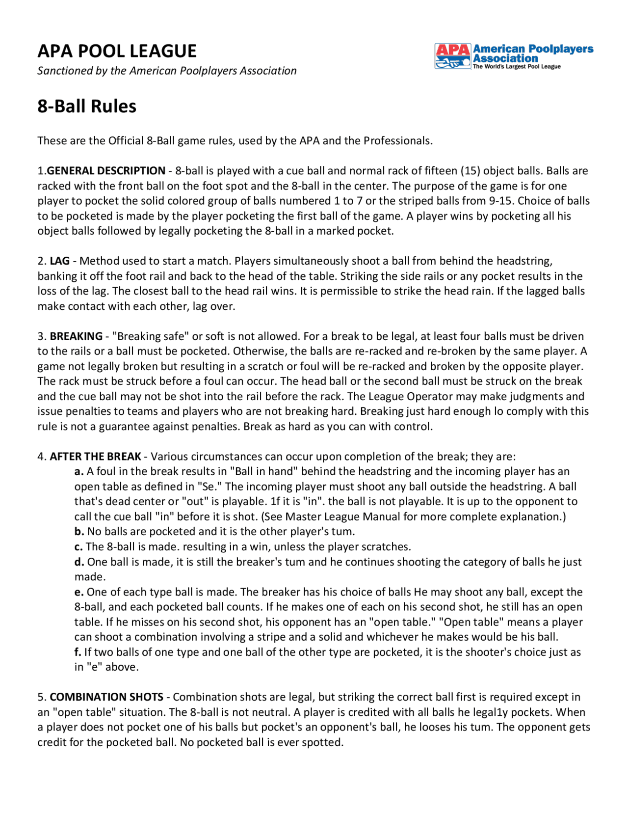 APA POOL LEAGUE 8-Ball Rules | Summaries Game Theory | Docsity