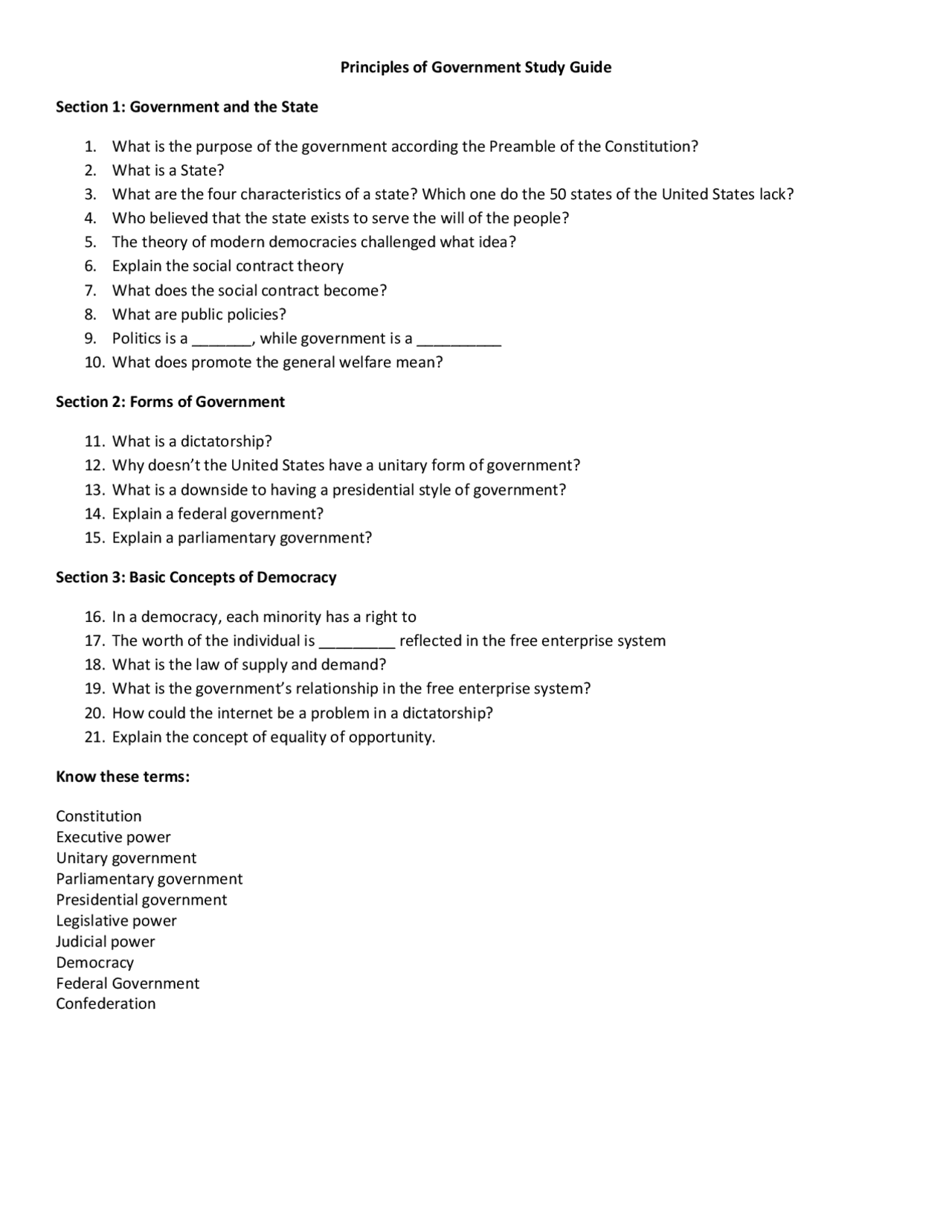 Principles of Government Study Guide Section 1 | Exercises Social ...
