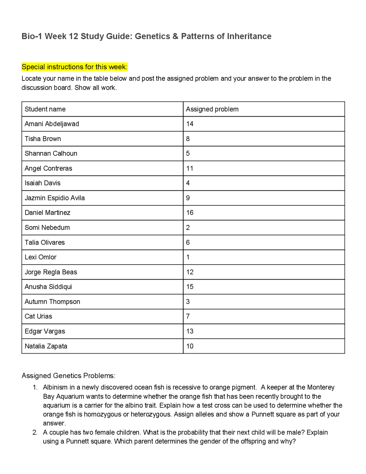 Bio-1 Week 12 Study Guide: Genetics & Patterns of Inheritance ...